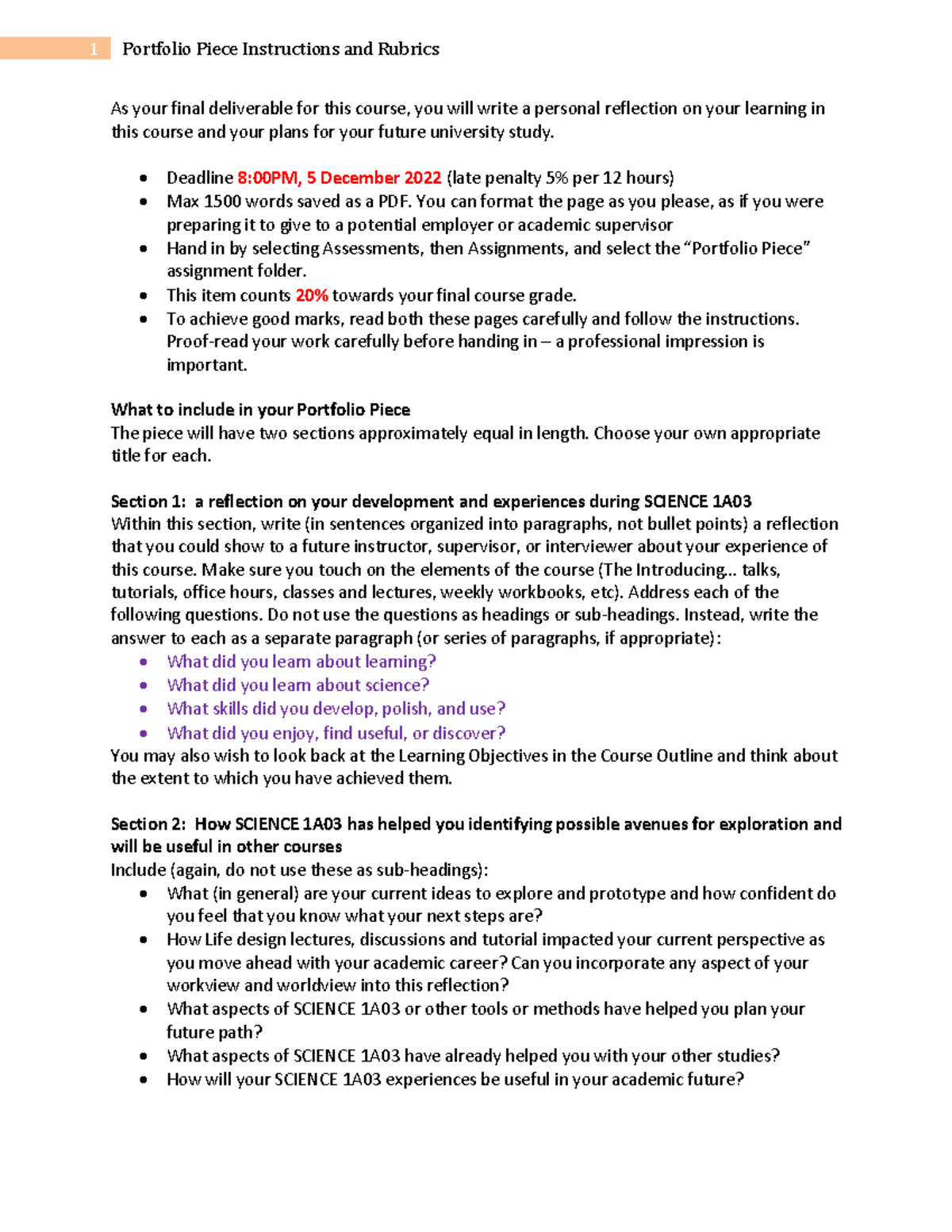 Fall 2022 Science 1A03 Portfolio Piece Instructions and Rubric - 1 ...