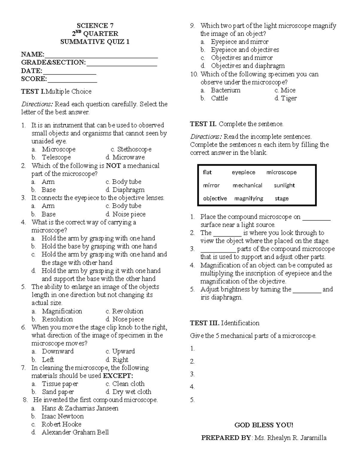 Summative Quiz 1 - science - SCIENCE 7 2 ND QUARTER SUMMATIVE QUIZ 1 ...