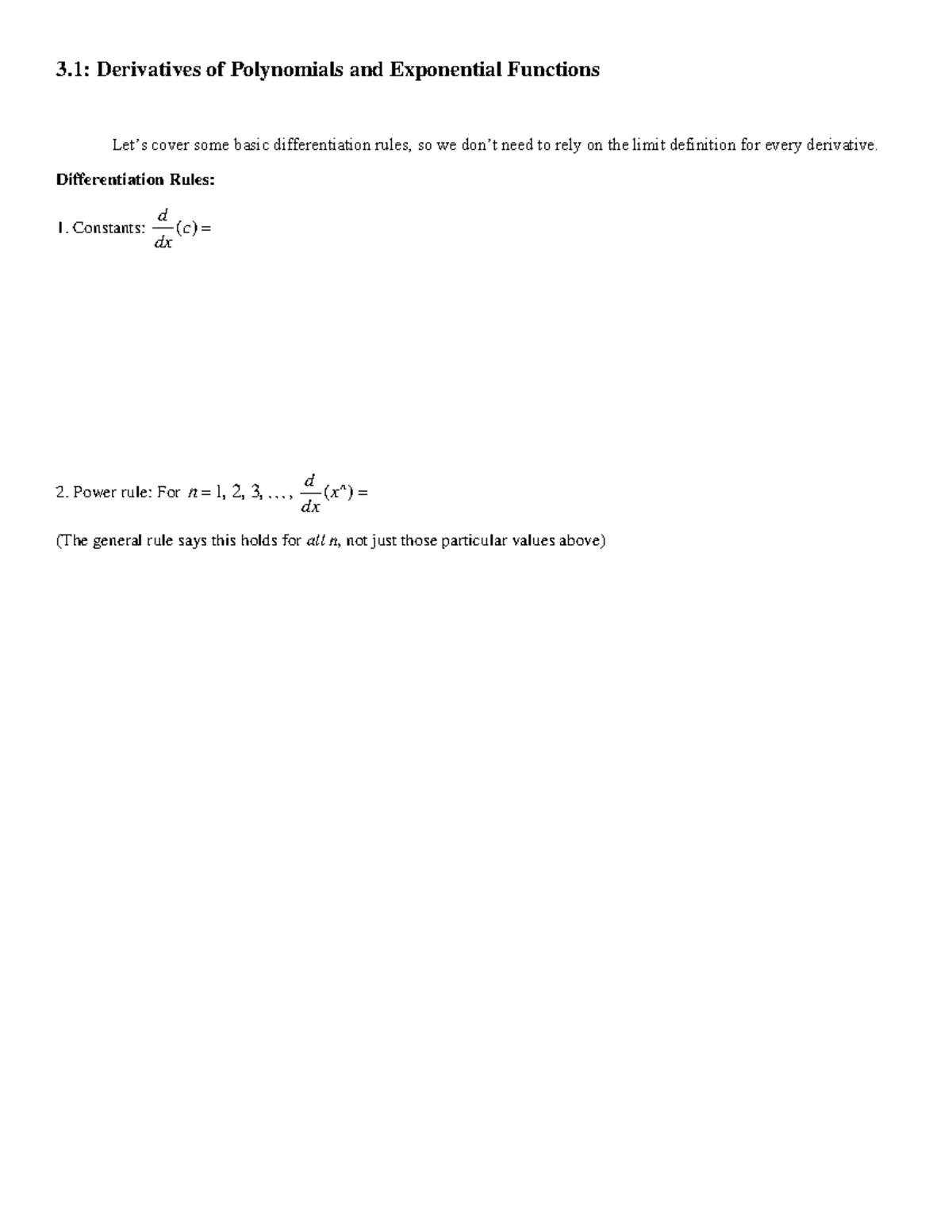 Cal 1-study guide 3.1 - 3: Derivatives of Polynomials and Exponential ...