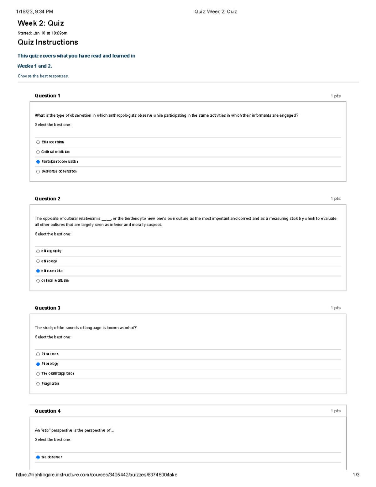 Anthropology Quiz Week 2 Quiz - 1/18/23, 9:34 PM Quiz: Week 2: Quiz - Studocu