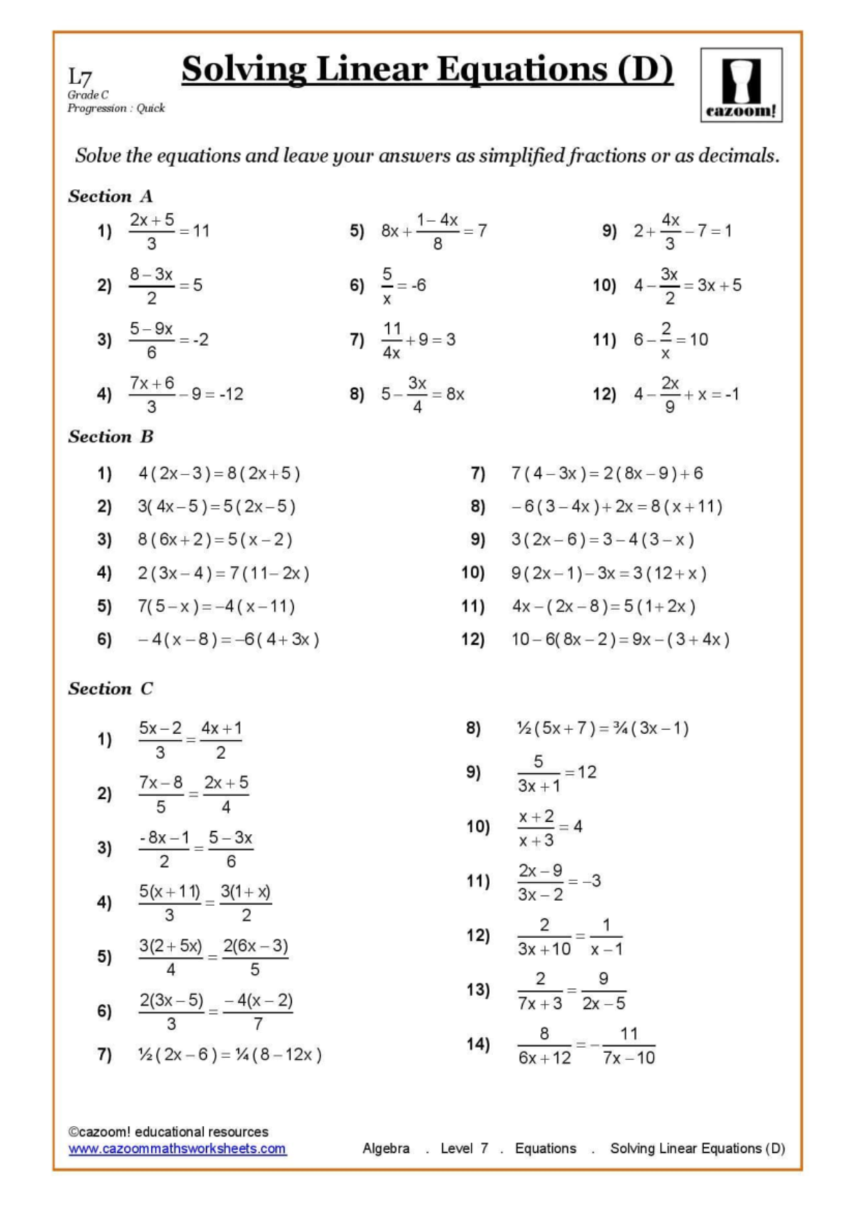 maths easy fun equations - L7 Solving Linear Equations (D) Grade C I ...