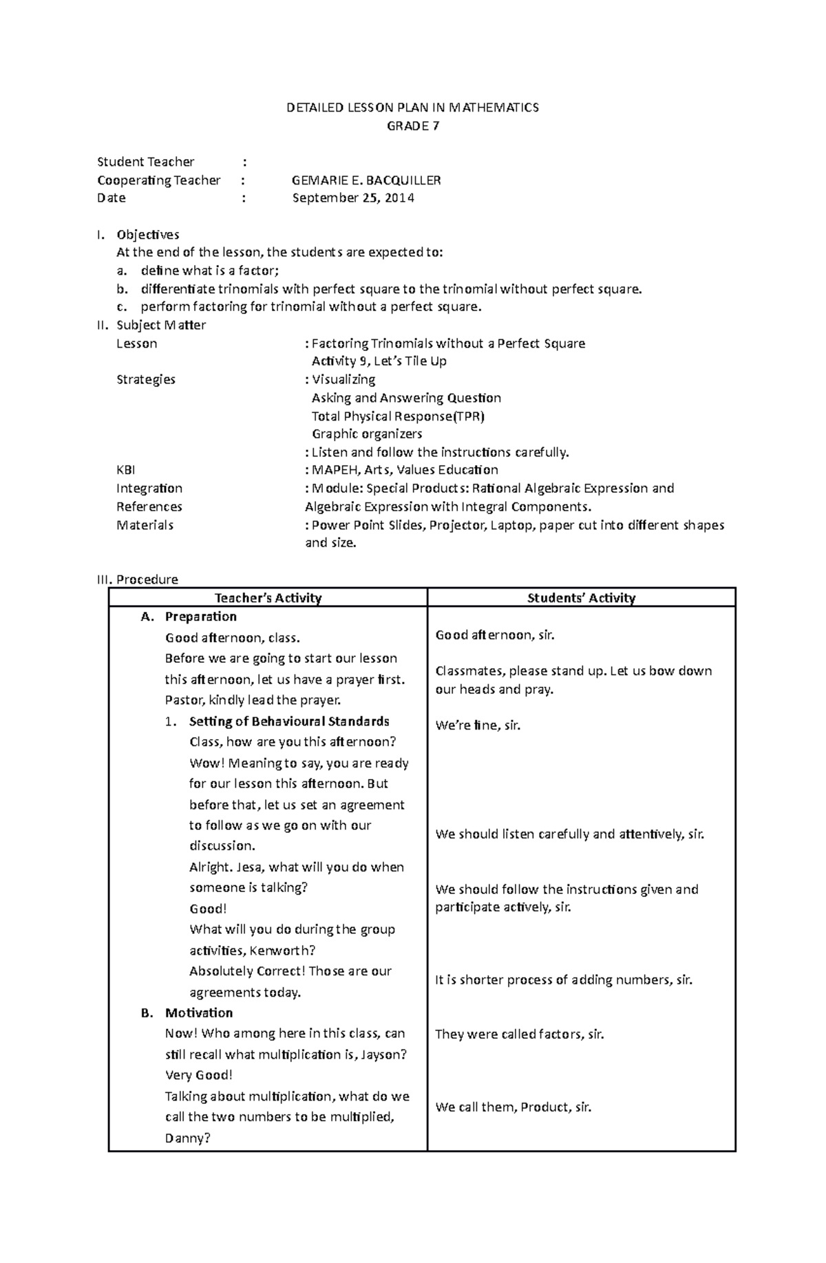 Lesson Plan In Factoring Detailed Lesson Plan In Mathematics Grade 7