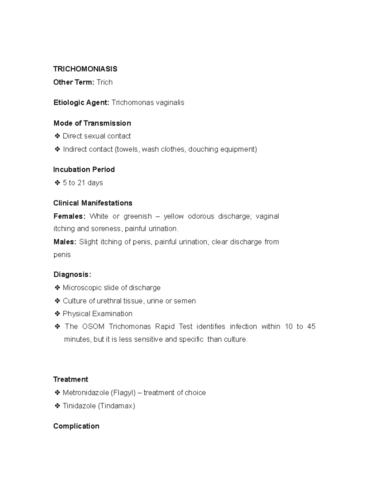 Trichomoniasis - NOTES - TRICHOMONIASIS Other Term: Trich Etiologic ...