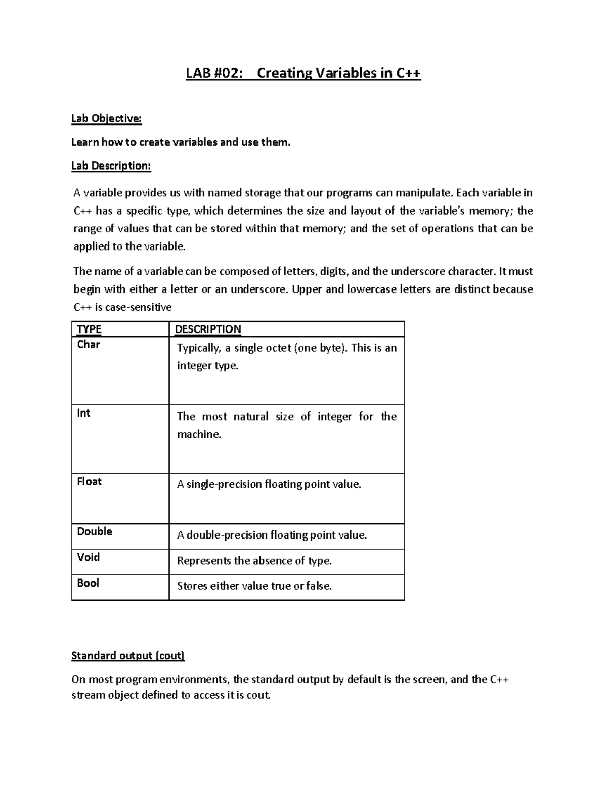 Lab 2 - Manual - LAB #02: Creating Variables in C++ Lab Objective ...