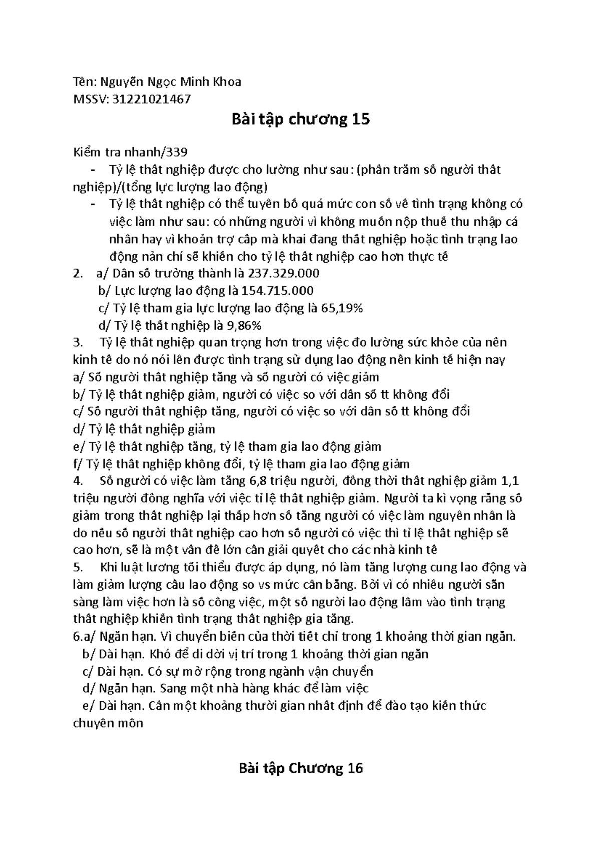 Bài tập vĩ mô chương 15 16 - Tên: Nguyêễn Ng c Minh Khoaọ MSSV: 31221021467 Bài t p chậ ương 15 ...