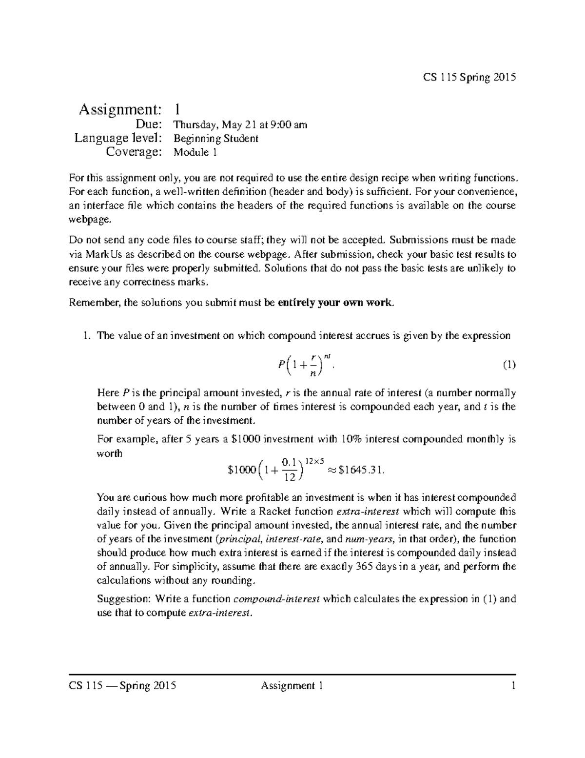 A1 (defining functions, helper functions) - CS 115 Spring 2015 ...