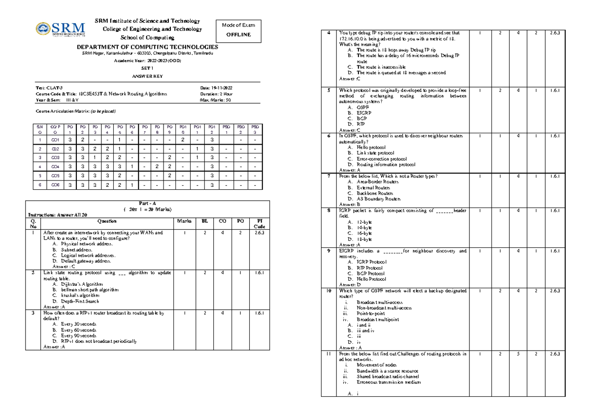 18CSE453T-NRA-CLA3-Answer key-SET1 - SRM Institute of Science and Technology College of ...