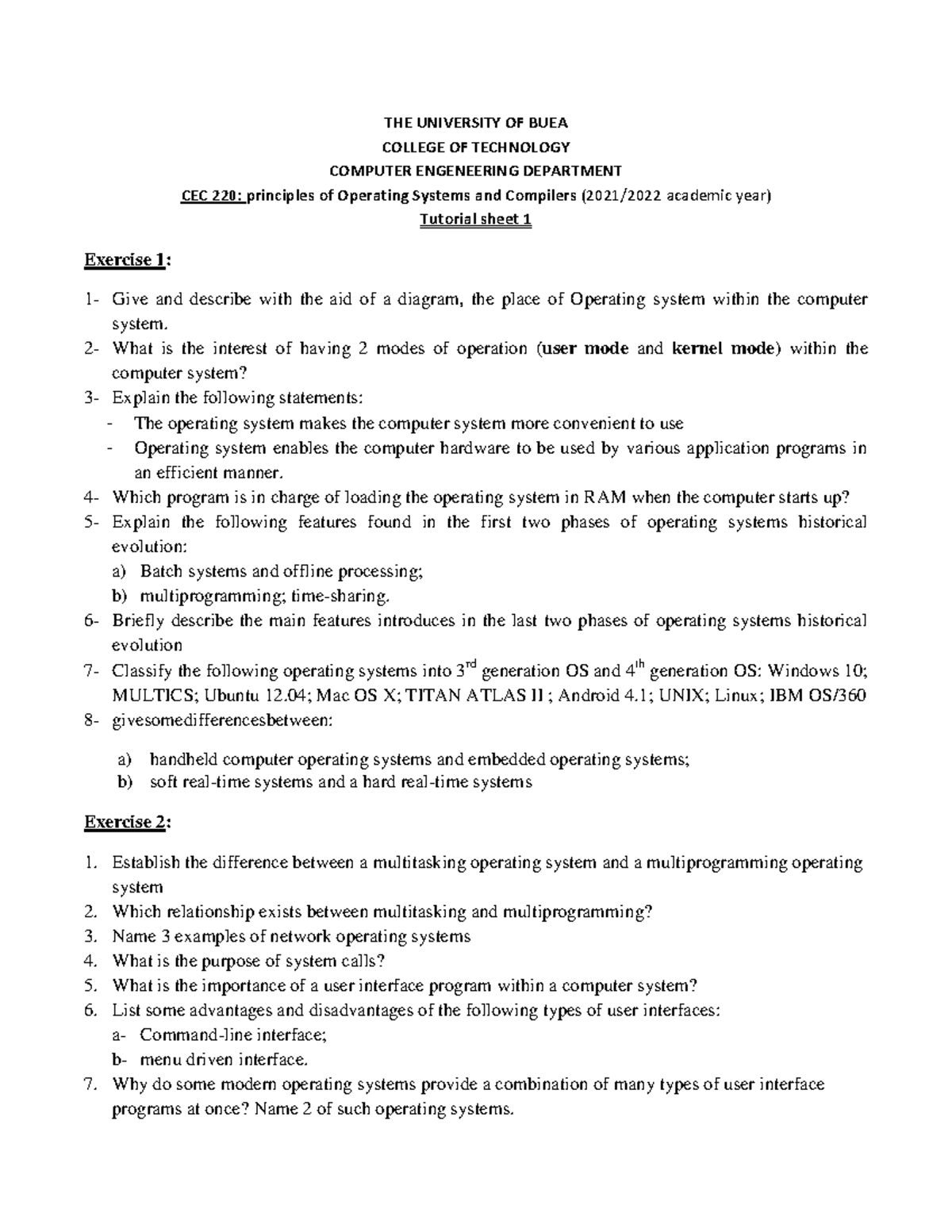 Tutorial Sheet 1 2022 - THE UNIVERSITY OF BUEA COLLEGE OF TECHNOLOGY ...