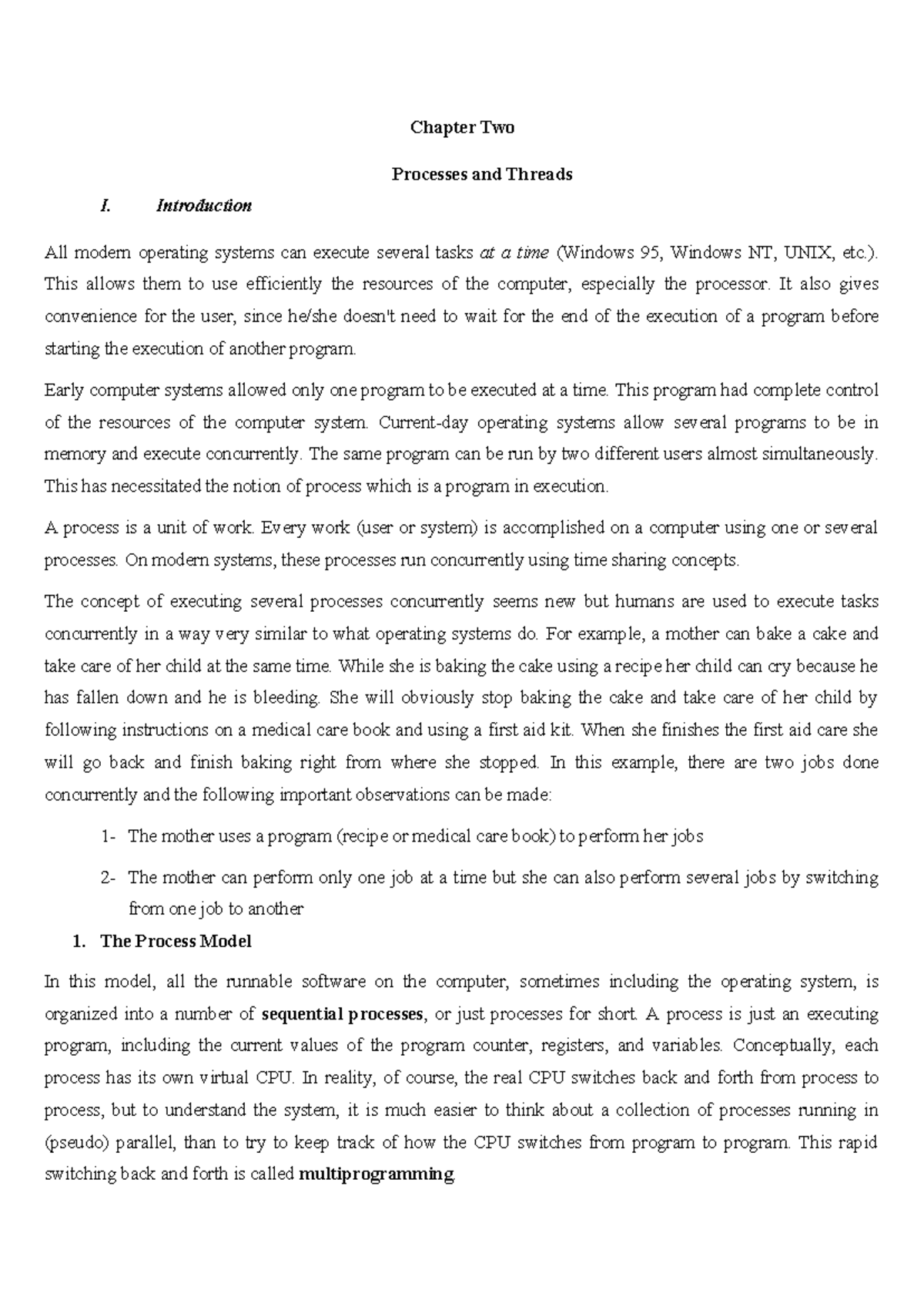 Ch 2- OS - Handout - Chapter Two Processes and Threads I. Introduction ...