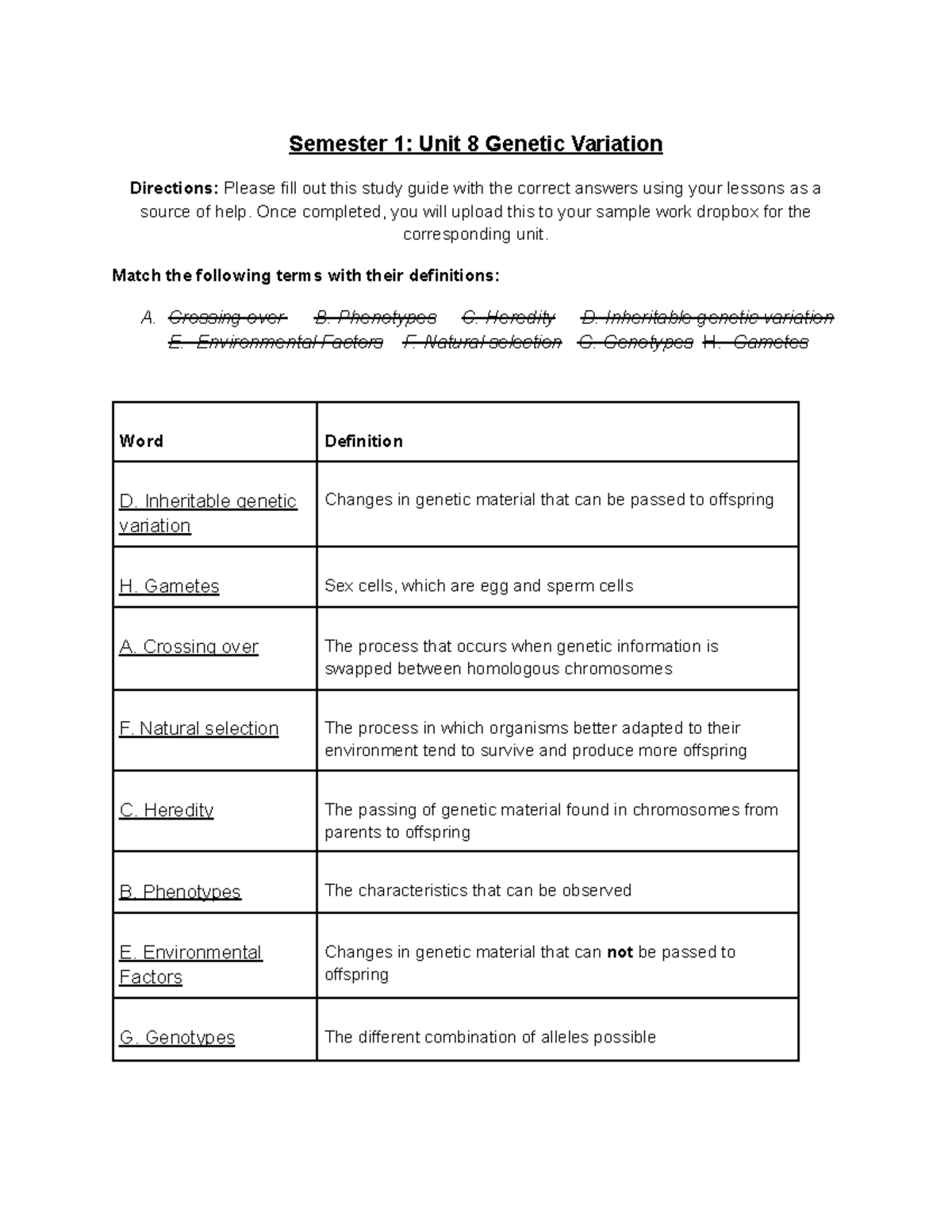 Honors Genetic Variation Study Guide - Semester 1: Unit 8 Genetic ...