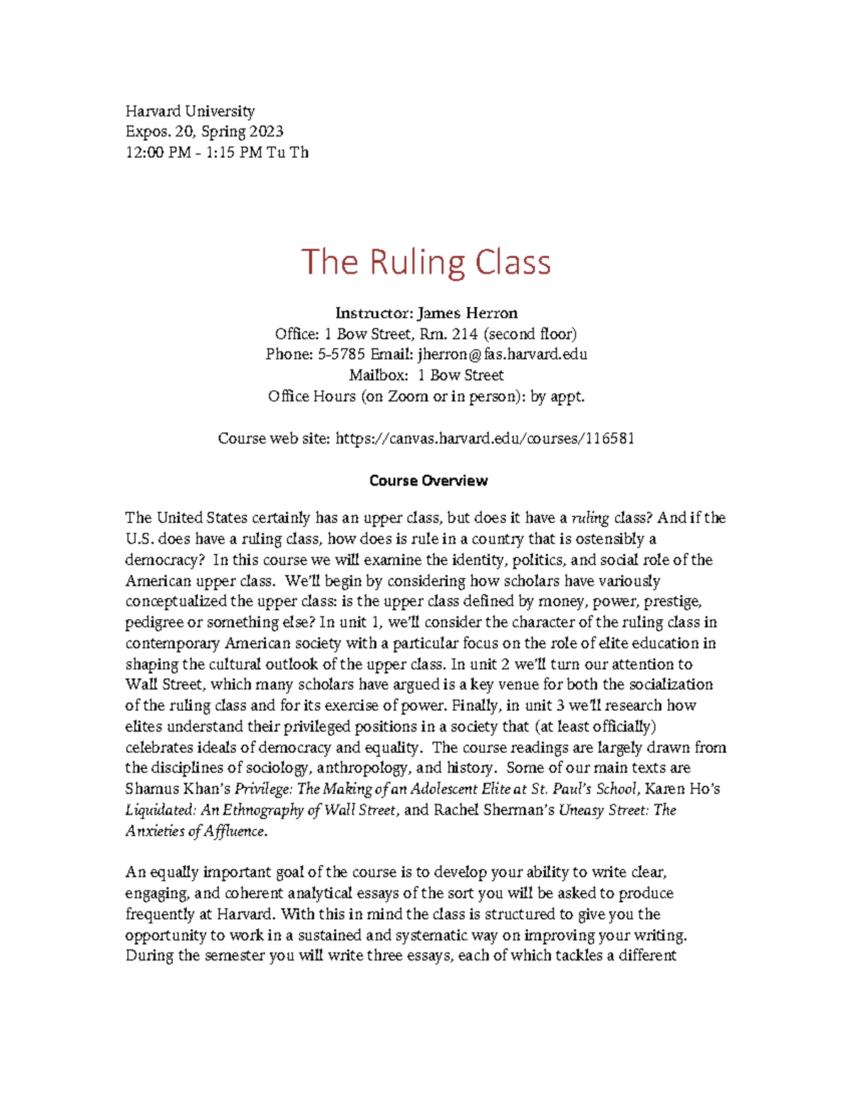 Herron ruling class syllabus s23 - Harvard University Expos. 20, Spring ...