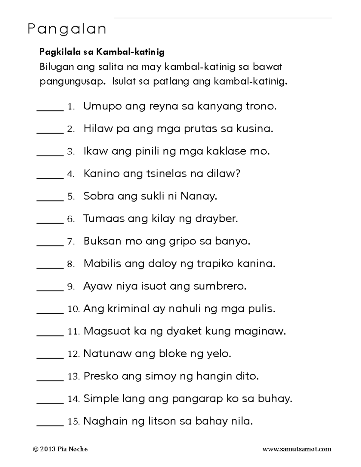 Grade 3 filipino klaster worksheet 2 - P a n g a l a n © 2013 Pia Noche ...