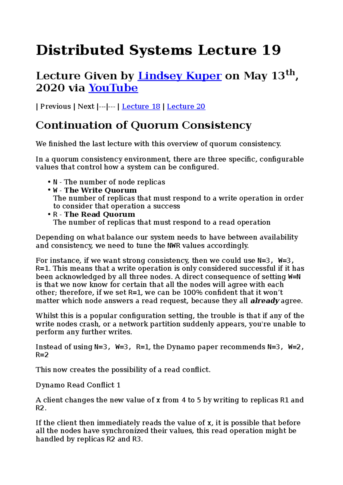 Lecture 19 - Distributed Systems Lecture 19 Lecture Given by Lindsey Kuper on May 13 th , 2020 ...