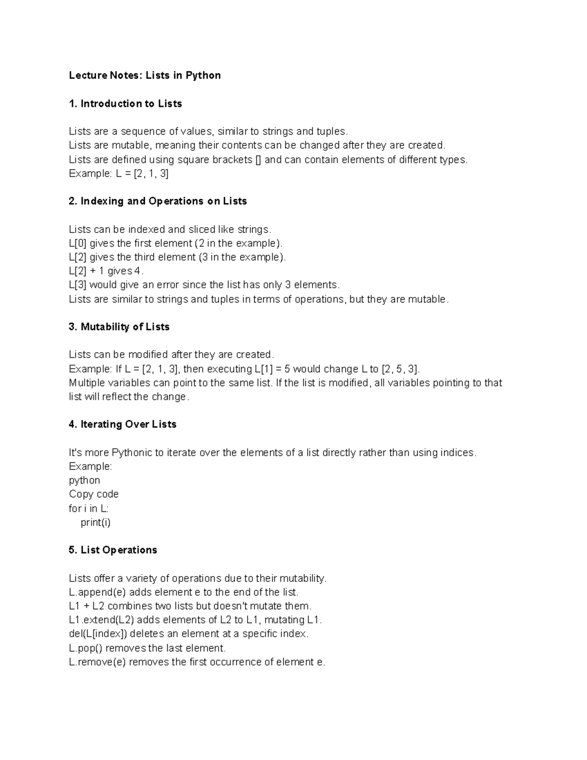 Mit 6 0001 Intro To Comp Sci And Programming Python 5 Lecture Notes Lists In Python
