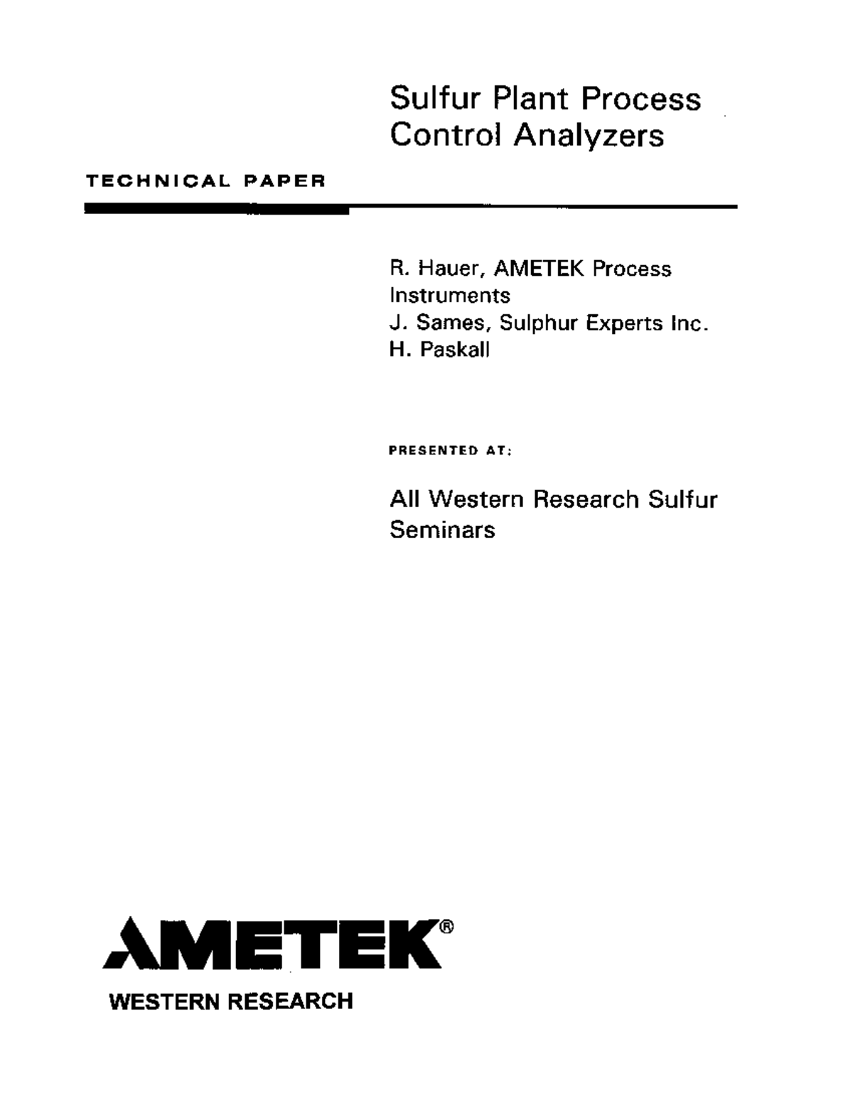 Claus process - Sulfur Plant Process Control Analyzers TECHNICAL PAPER ...