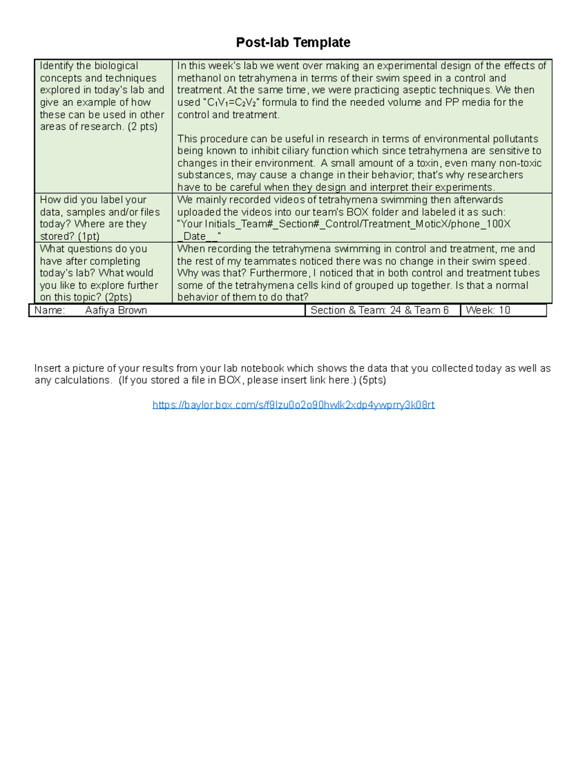 BIO 1106 Post-lab Assignment (Week 10) - Post-lab Template Identify the ...