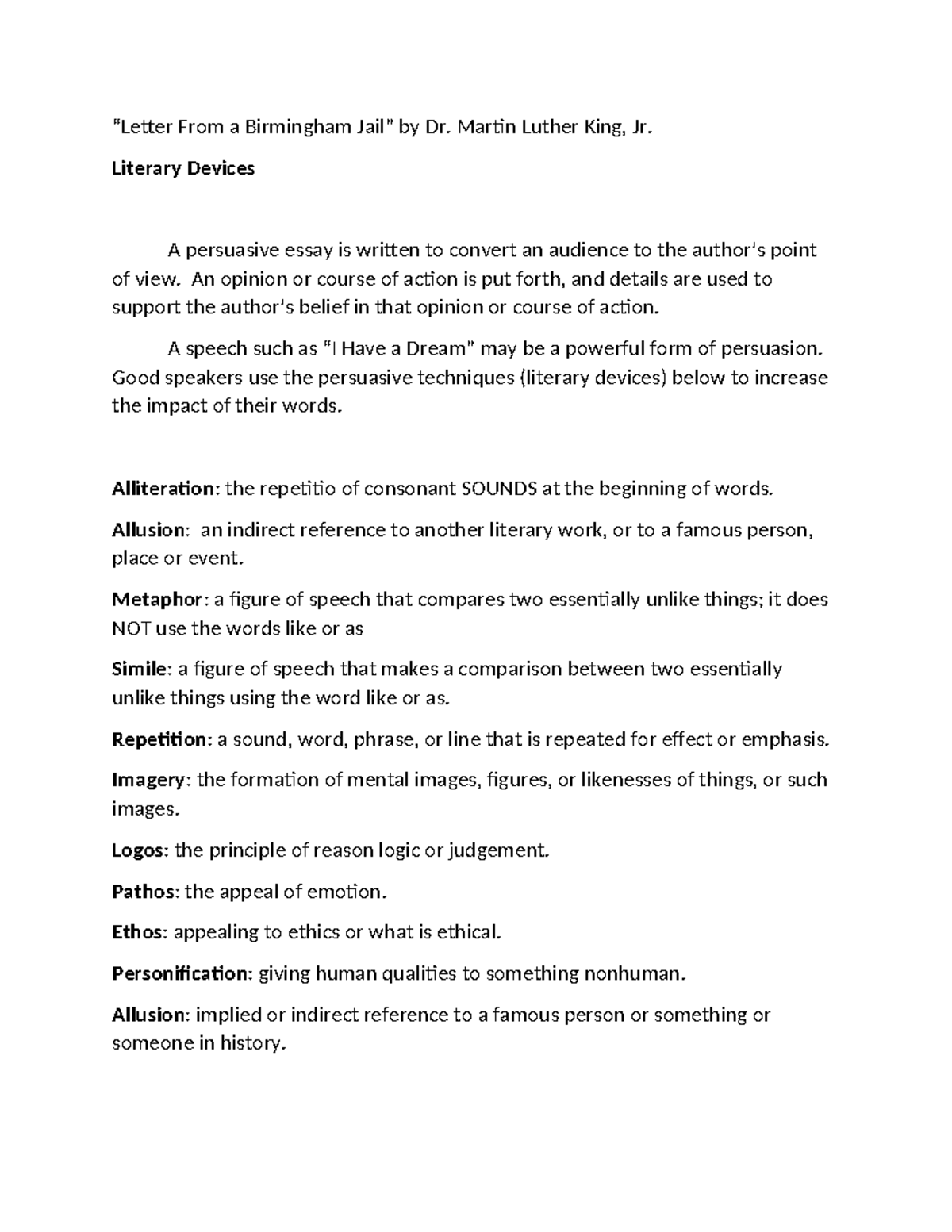 Letter from a Birmingham Jail Speech Analysis - “Letter From a ...