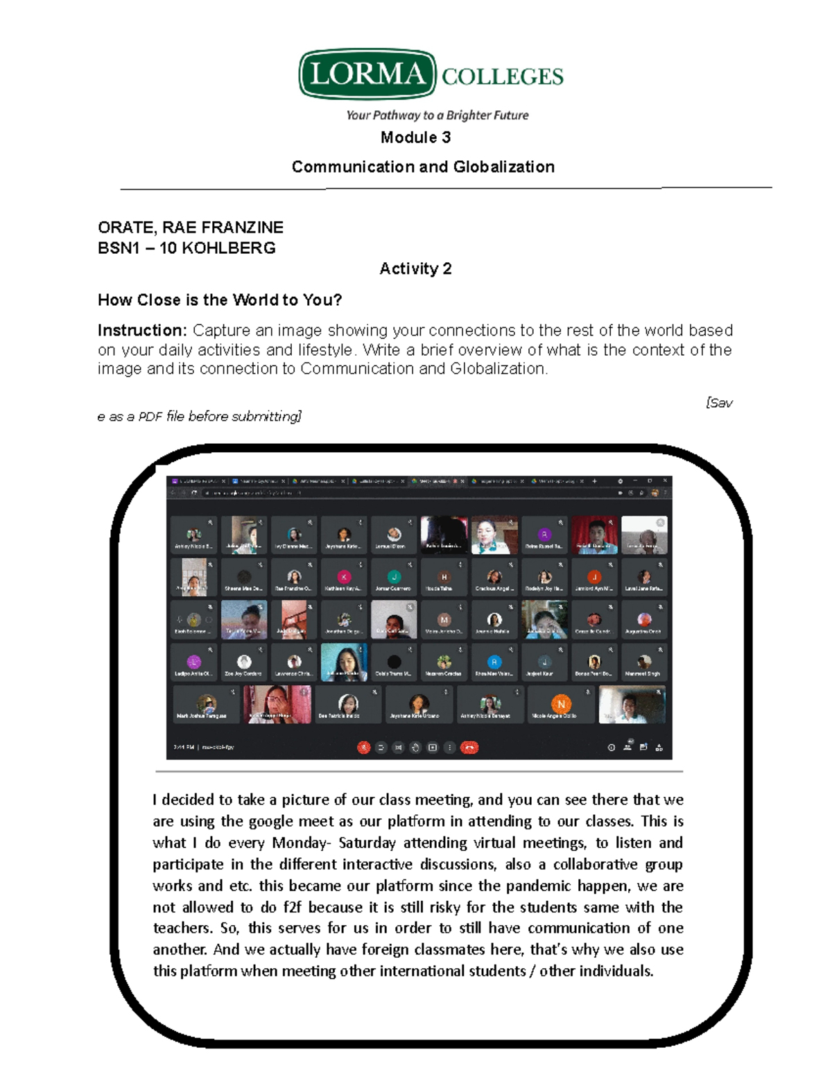 Assessment 2 - 1ST YEAR - Module 3 Communication and Globalization ...
