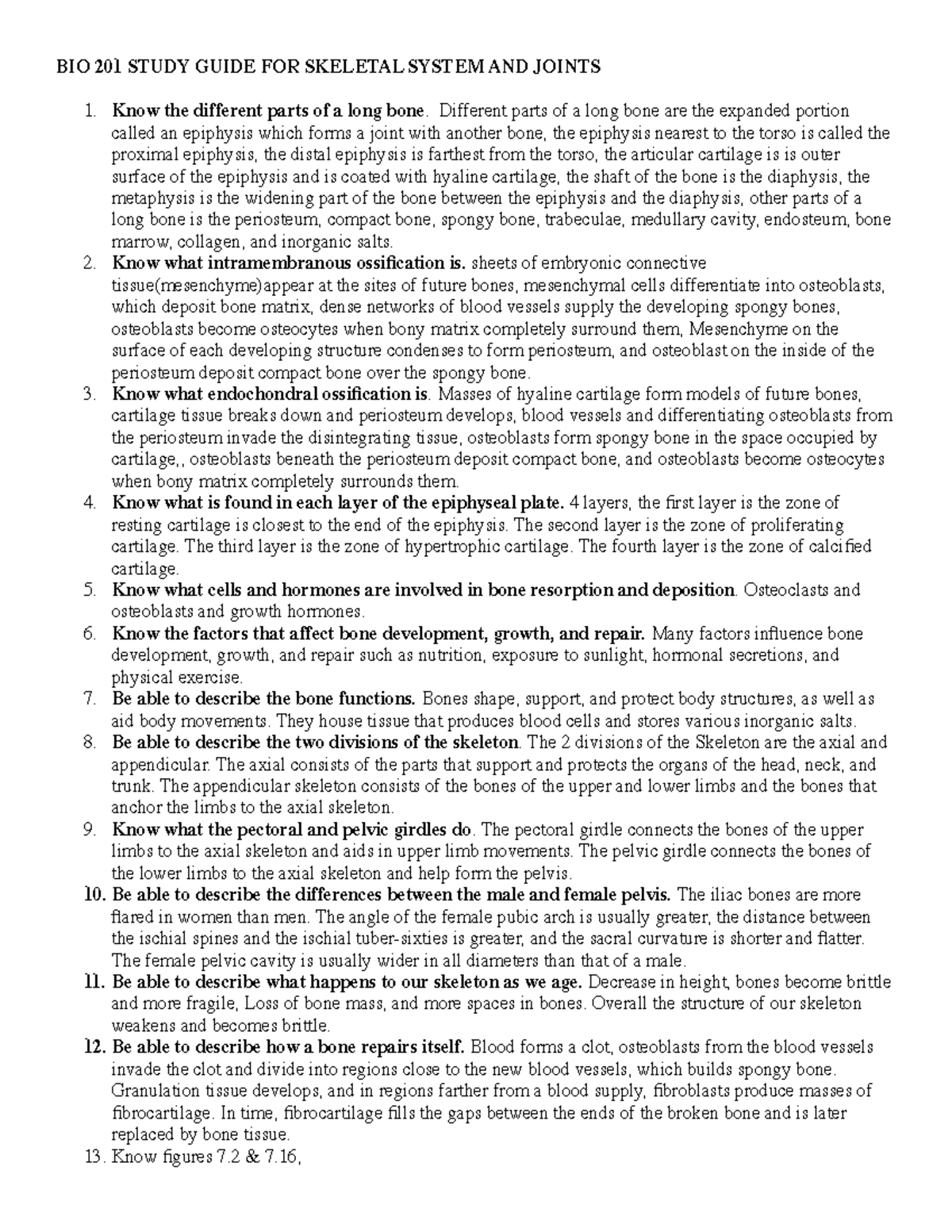 BIO 201 Study Guide FOR Skeletal System AND Joints - BIO 201 STUDY ...