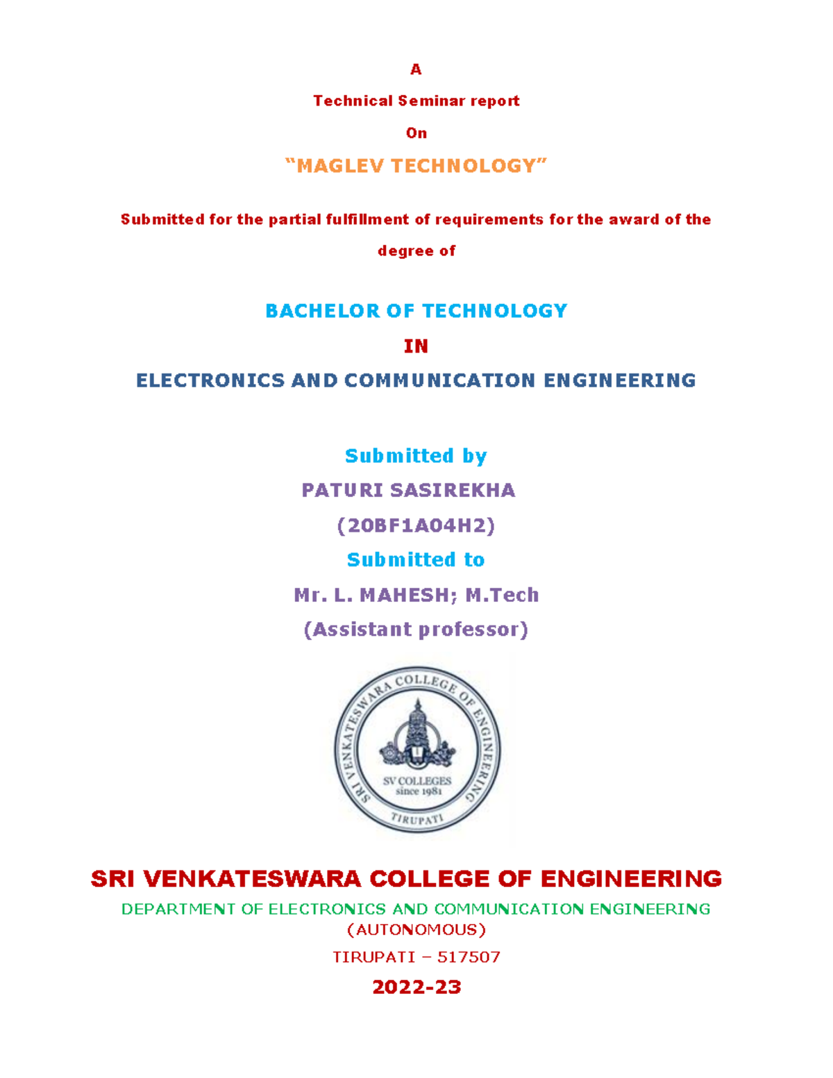Maglev Report - A Technical Seminar report On “MAGLEV TECHNOLOGY” Submitted for the partial ...