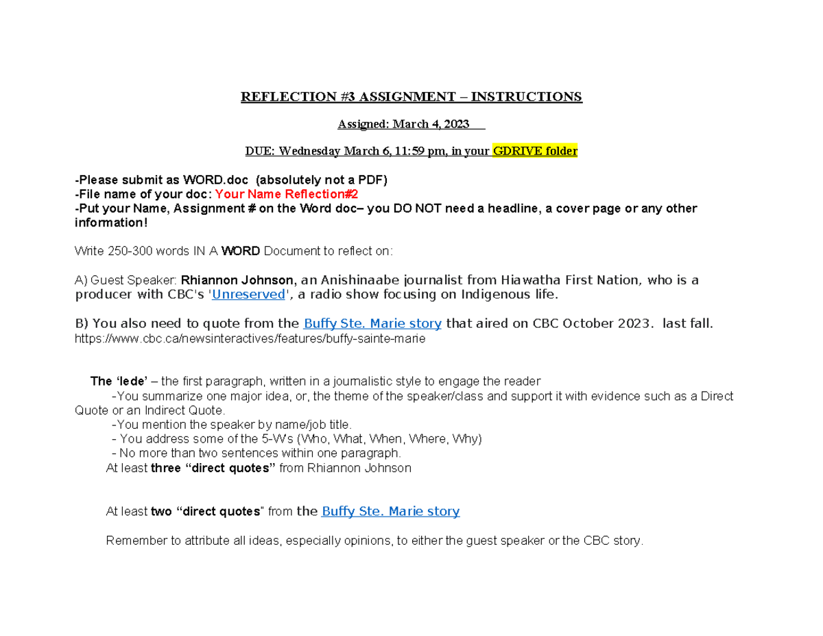 Reflection #2 Assignment- Instructions - REFLECTION #3 ASSIGNMENT ...