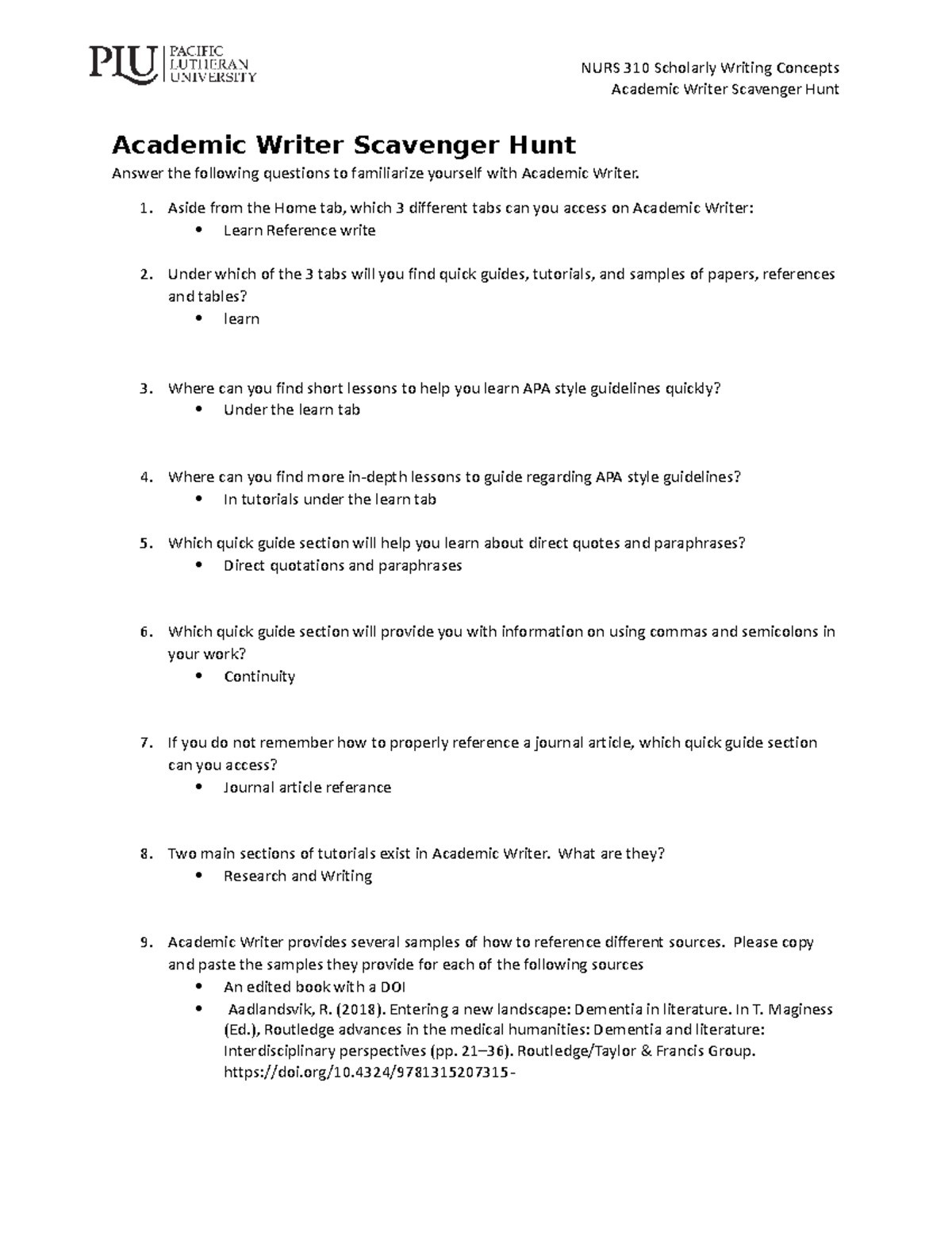 NURS 310 Scavenger Hunt-1 - NURS 310 Scholarly Writing Concepts ...