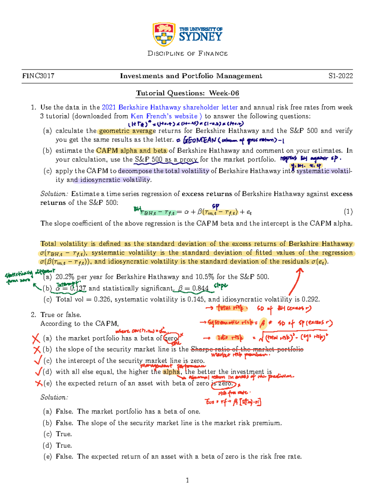 Week 6 CAPM - The tutorial worksheet that contains the notes and the ...