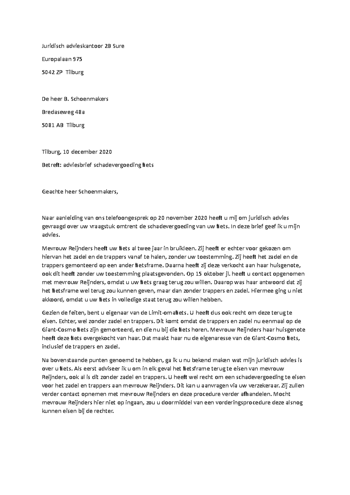 Juridische schrijfvaardigheden adviesbrief - Juridisch advieskantoor 2B ...