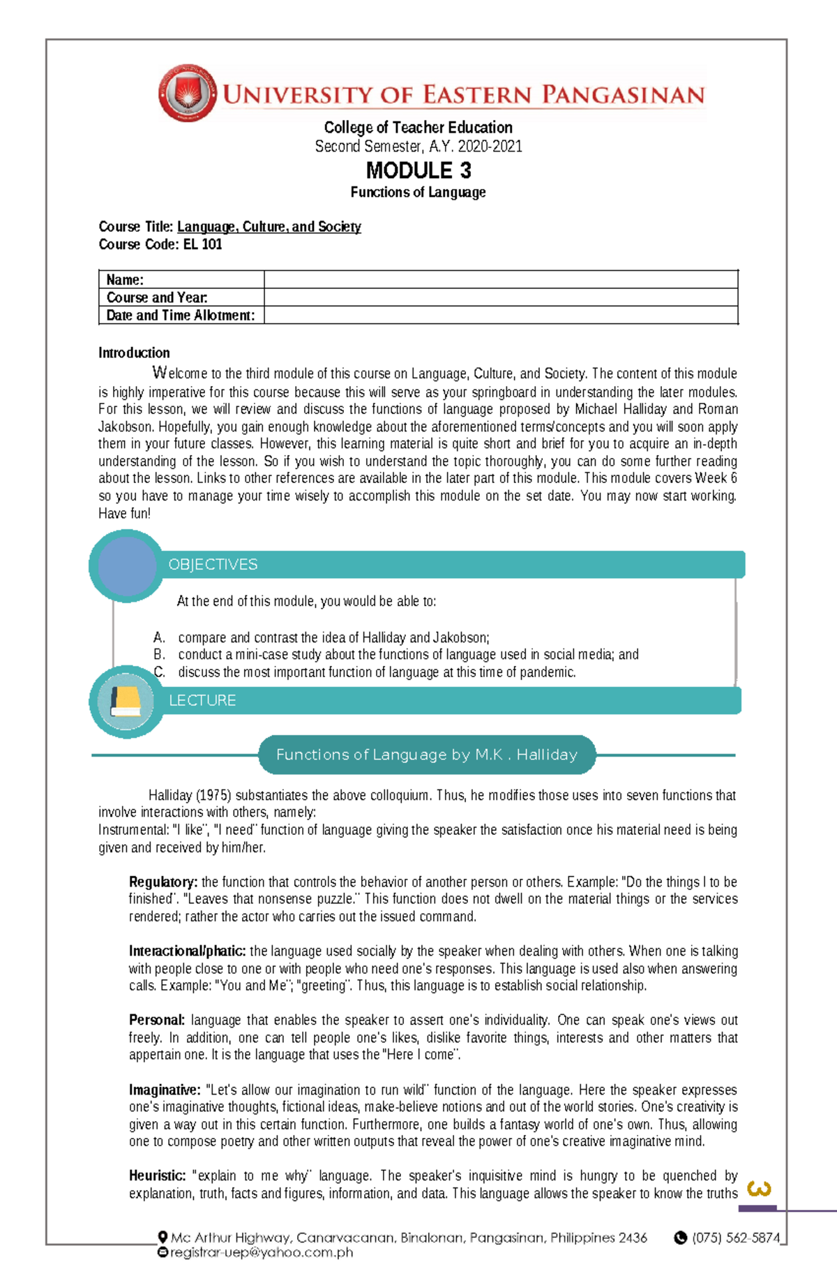Module 3 - 3 OBJECTIVES LECTURE College of Teacher Education Second ...