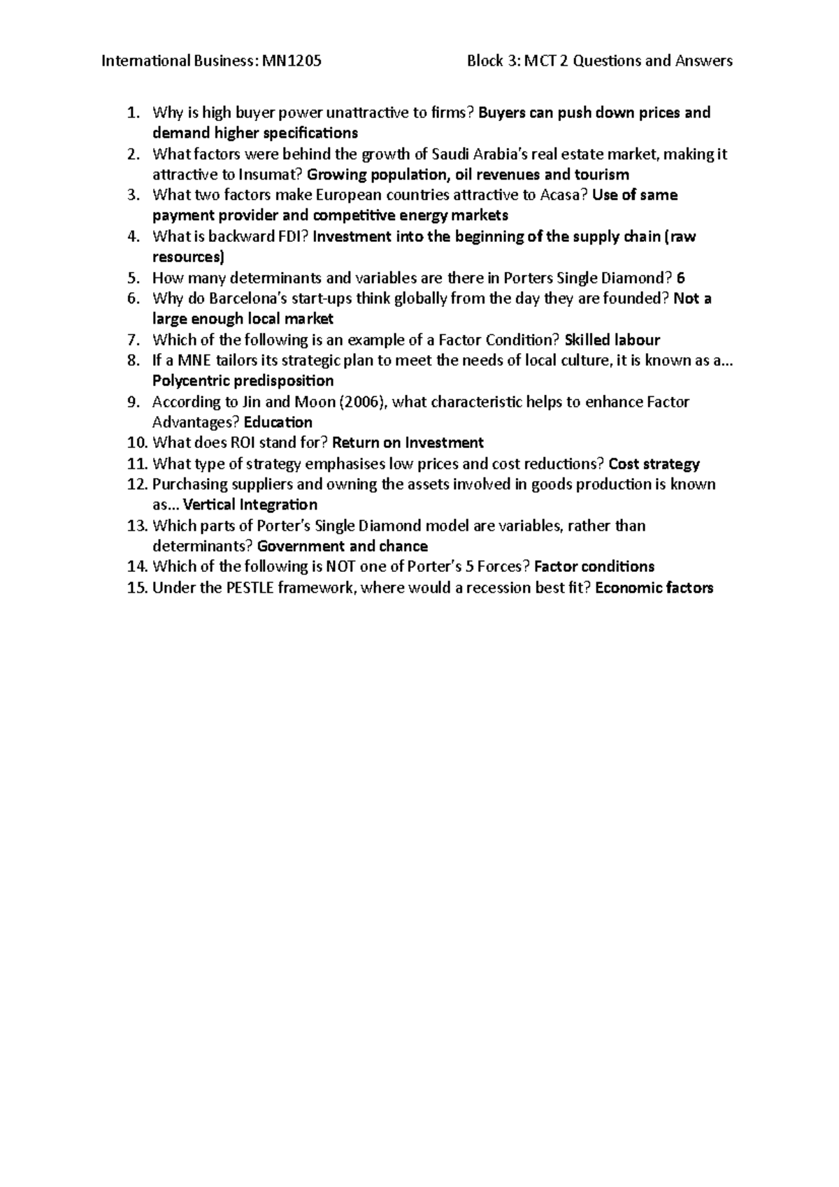 Block 3: Multiple Choice Test 2 - Questions and Answers - International ...