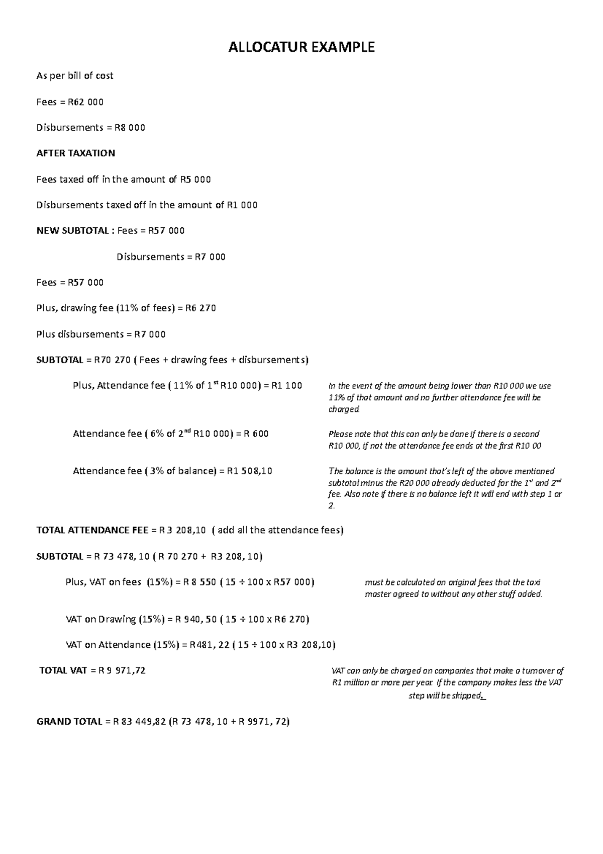 Allocatur Example - How to calculate legal cost - ALLOCATUR EXAMPLE As ...