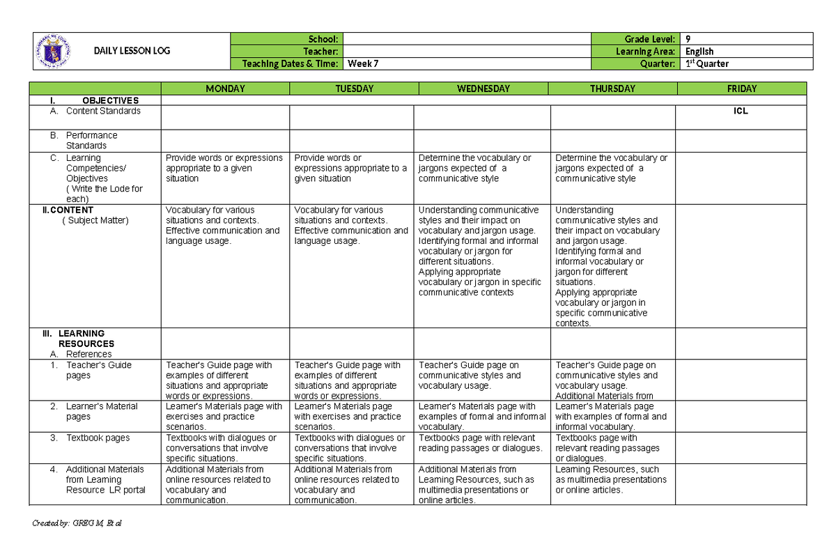 Eng9 Wk7 - DAILY LESSON LOG School: Grade Level: 9 Teacher: Learning ...