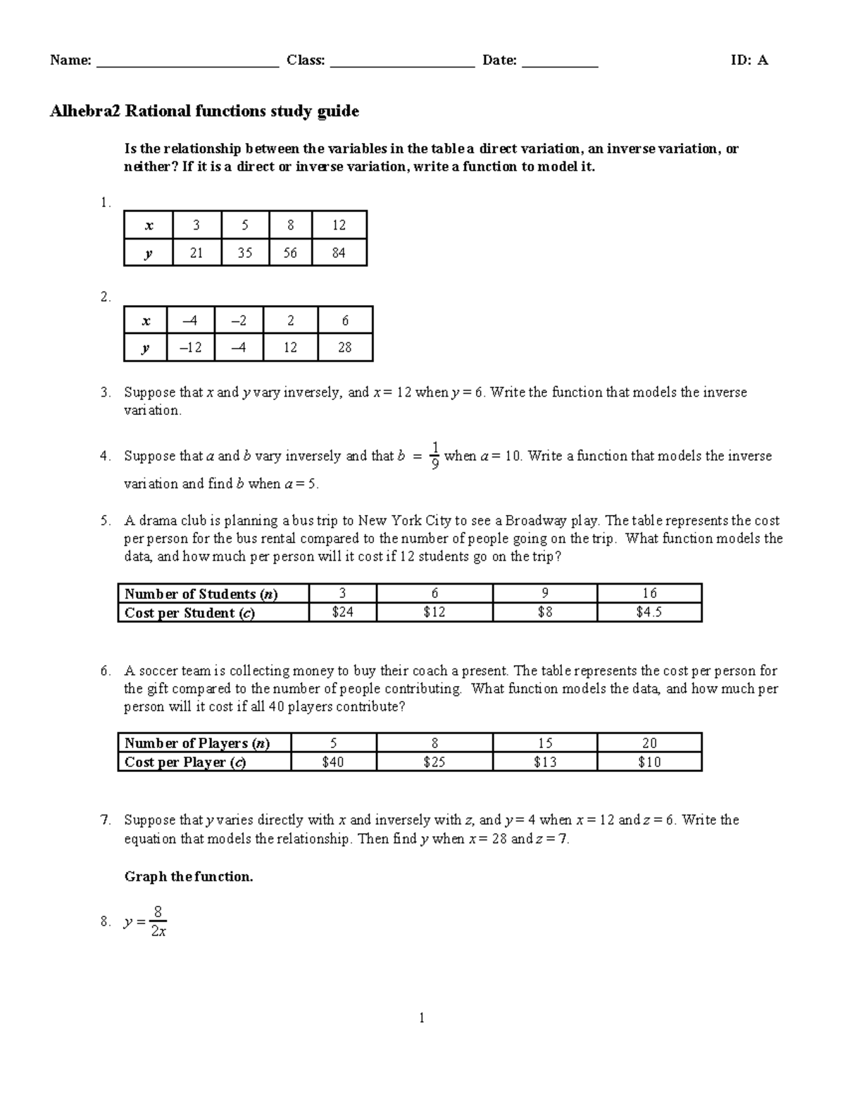 Muhammad Redwanuzzaman - Algebra 2 Rationat function study guide - Name