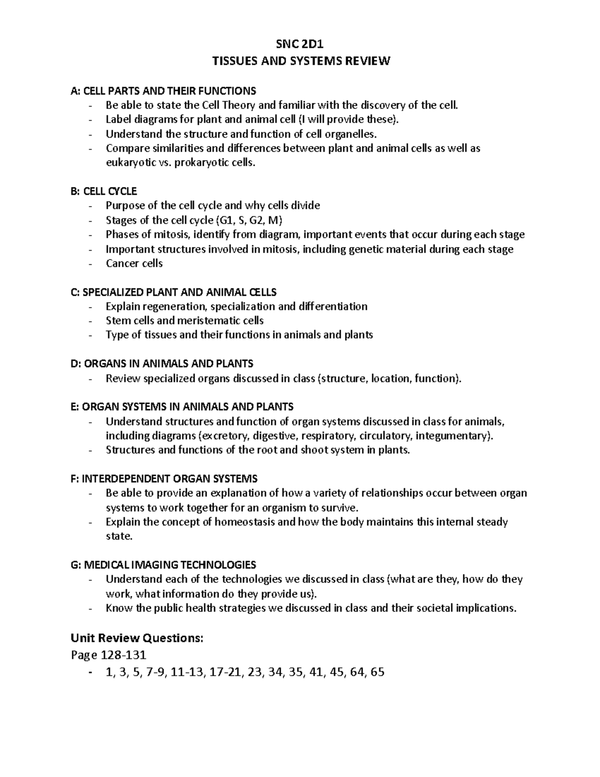 Biology Test Review - SNC 2D TISSUES AND SYSTEMS REVIEW A: CELL PARTS ...