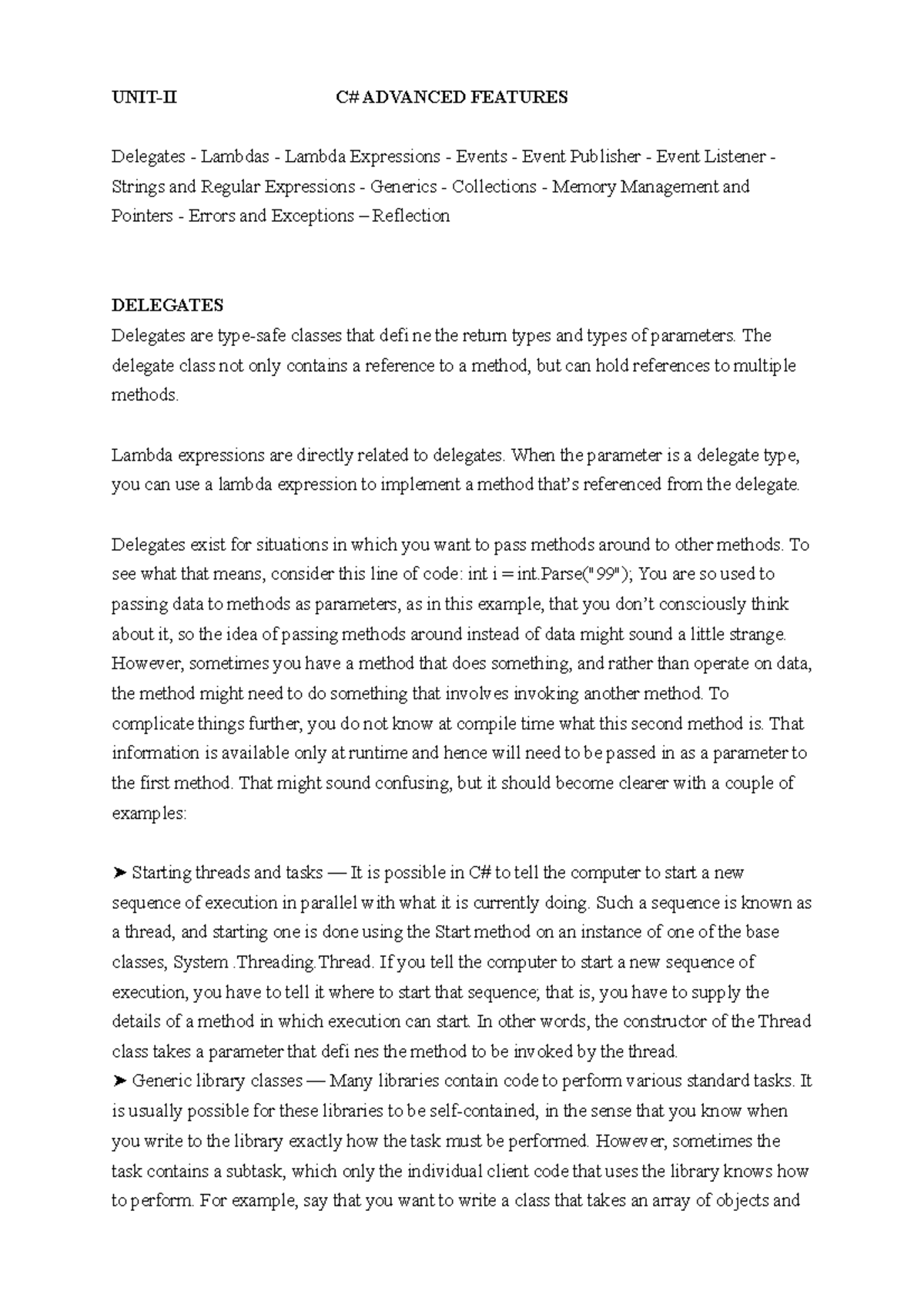 UNIT2 Notes C# - 3fwefwe - UNIT-II C# ADVANCED FEATURES Delegates ...