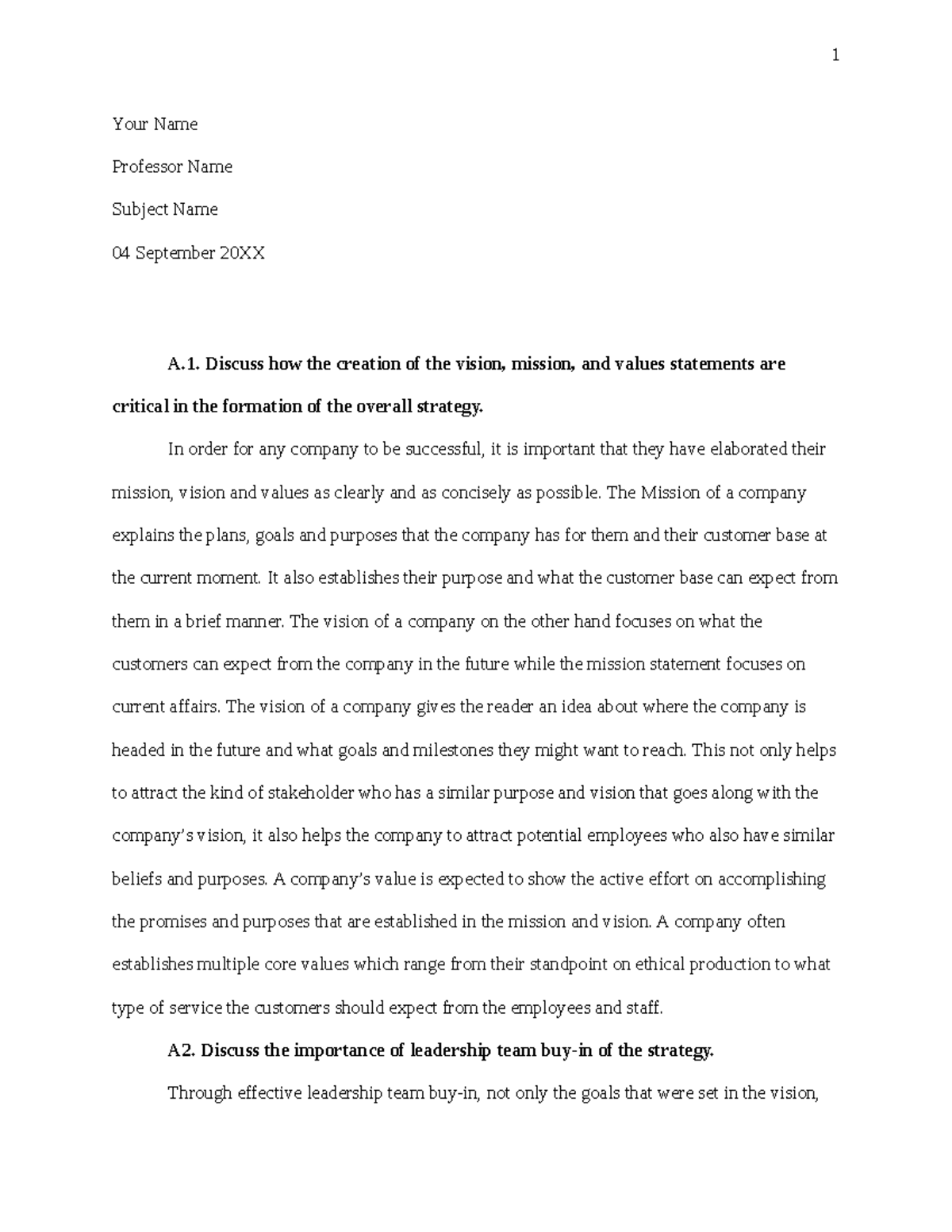Strategic Management Task 2 (APA) - Your Name Professor Name Subject ...