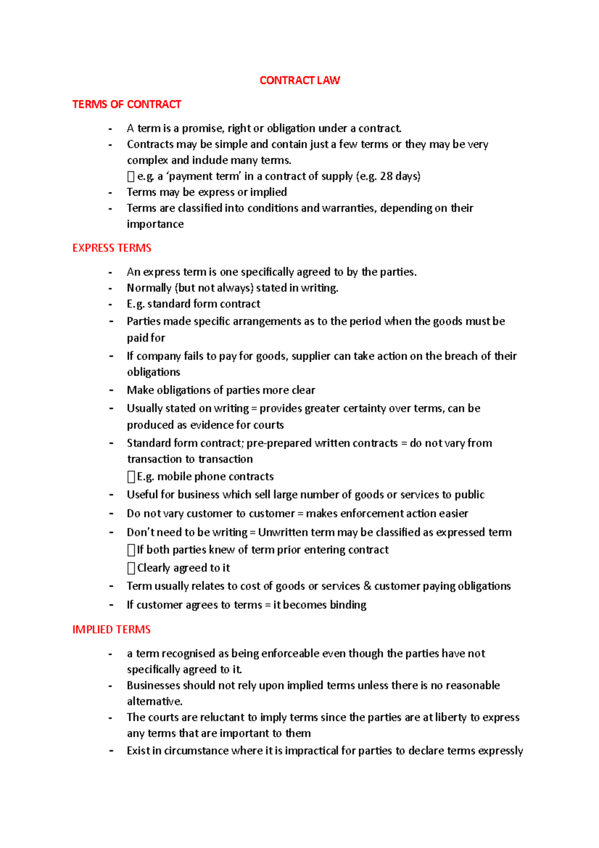 Contract LAW Enterprise Law - CONTRACT LAW TERMS OF CONTRACT - A term ...