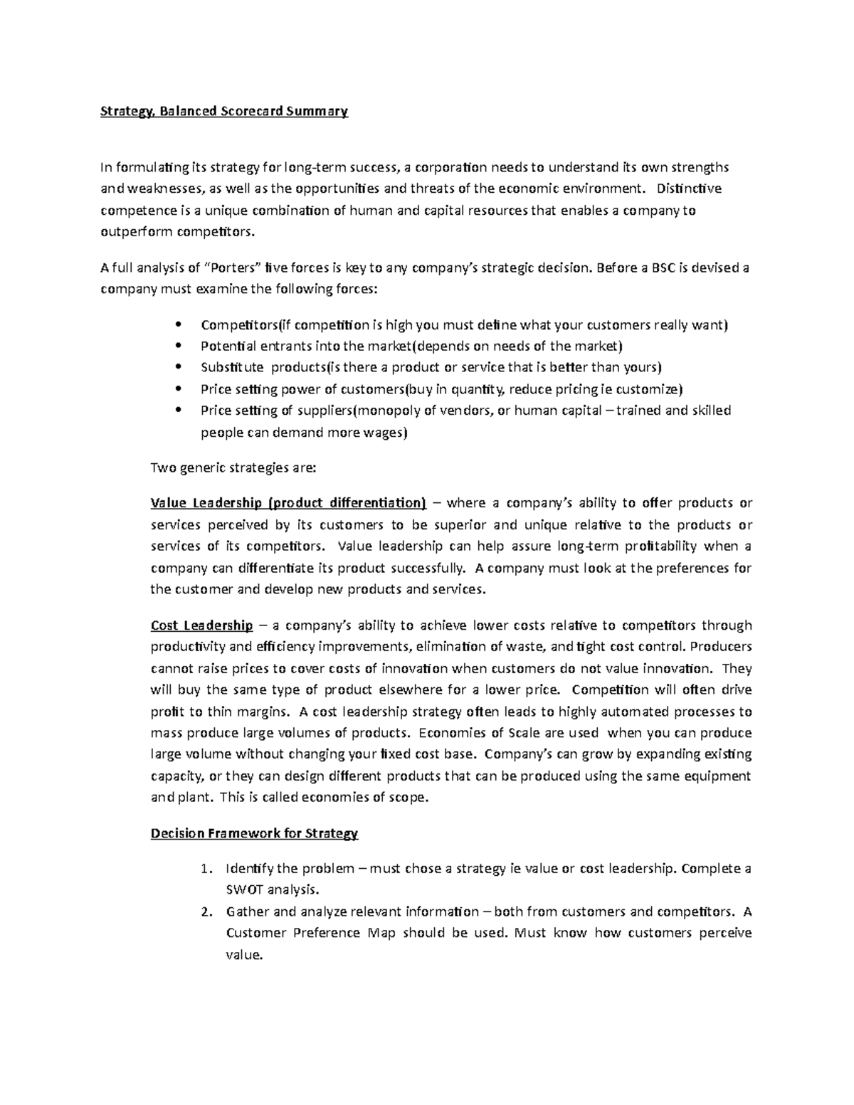 Strategy summary - Strategy, Balanced Scorecard Summary In formulating ...