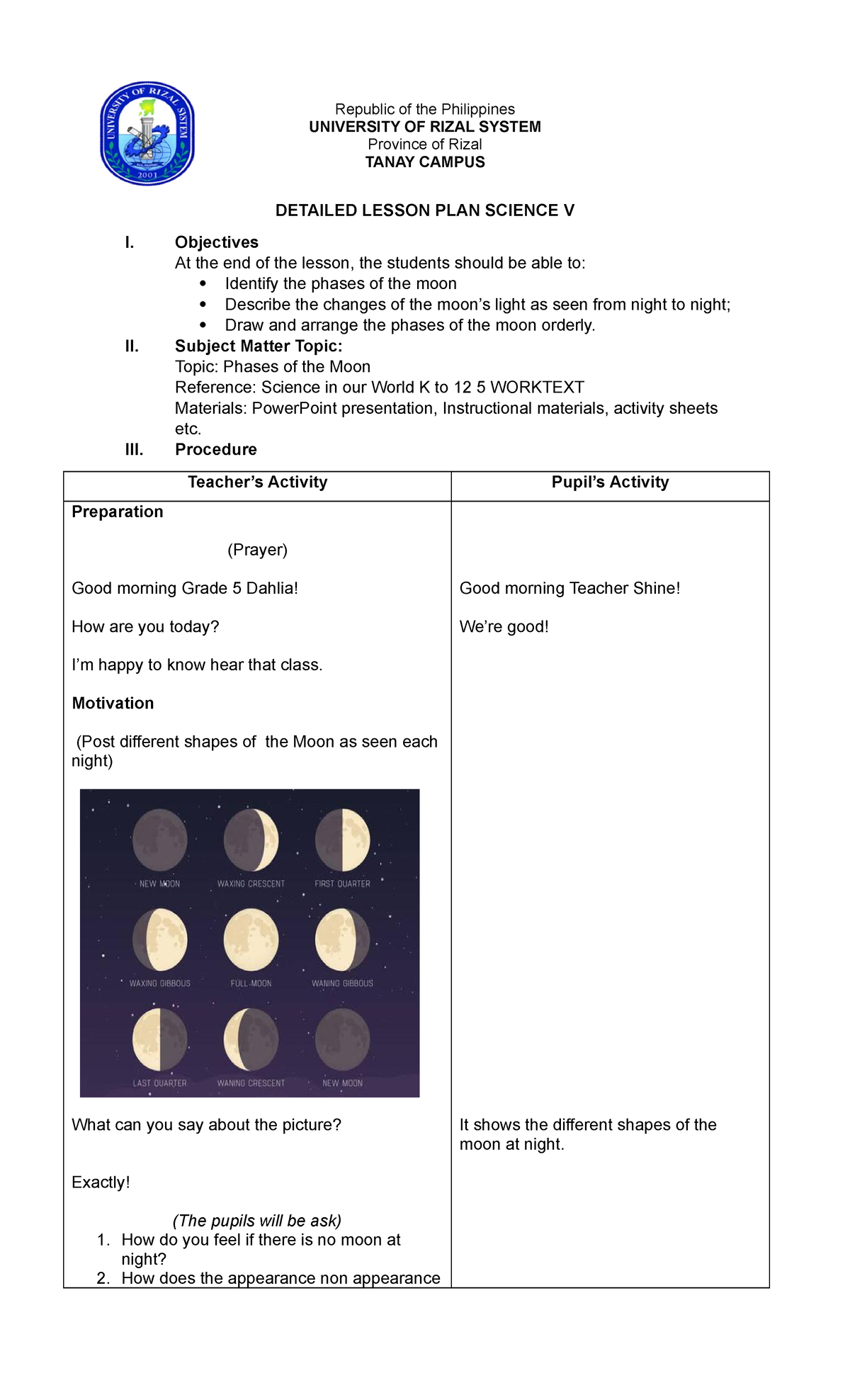 LP Phases of the Moon - lesson plan - Republic of the Philippines ...