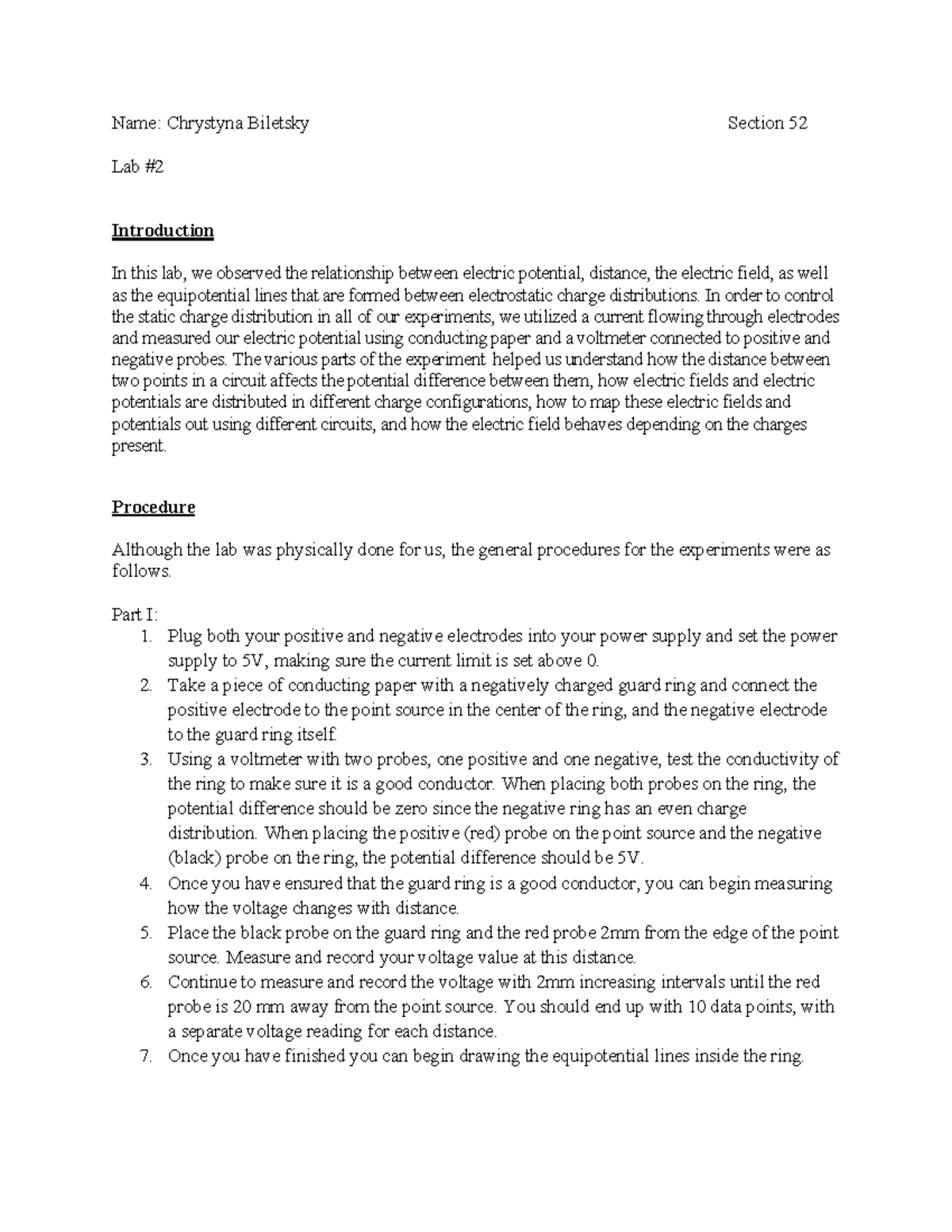 Lab 2- Mapping Potential and E-Field - Name: Chrystyna Biletsky Section 52 Lab # Introduction In ...