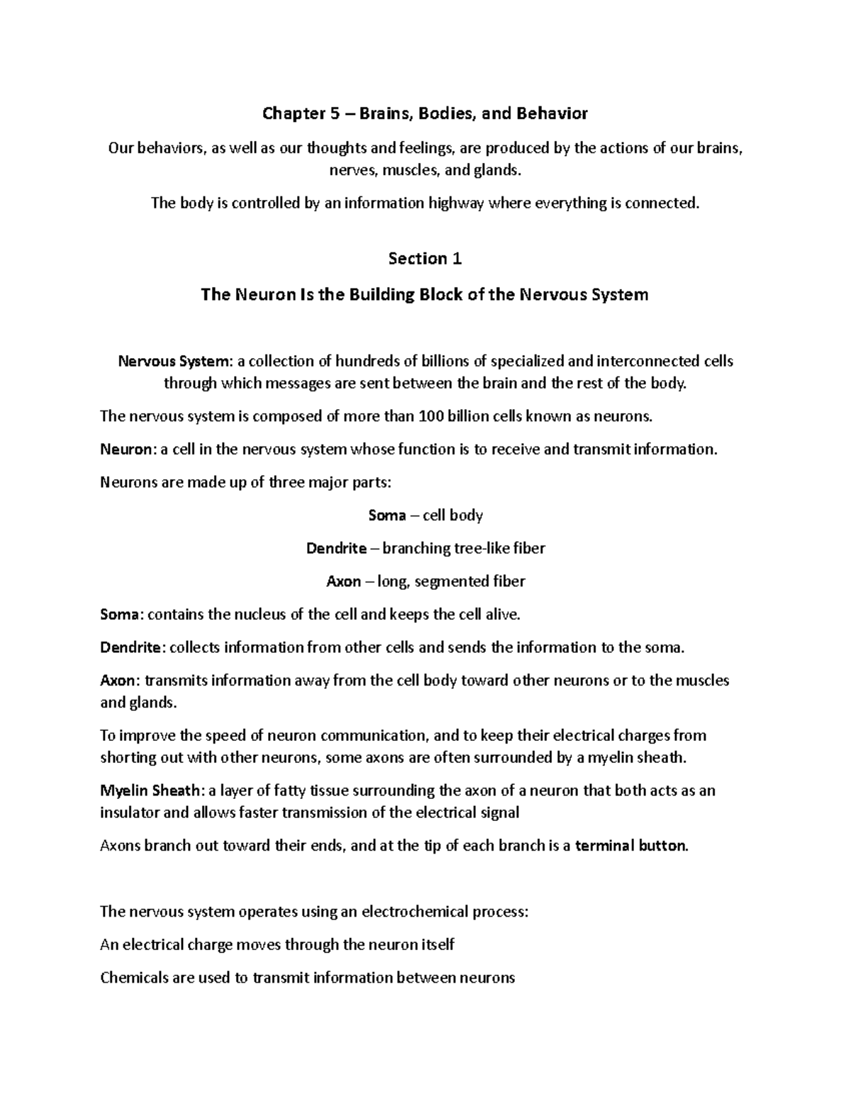 Psych 120 - Chapter 5 notes - Chapter 5 – Brains, Bodies, and Behavior ...