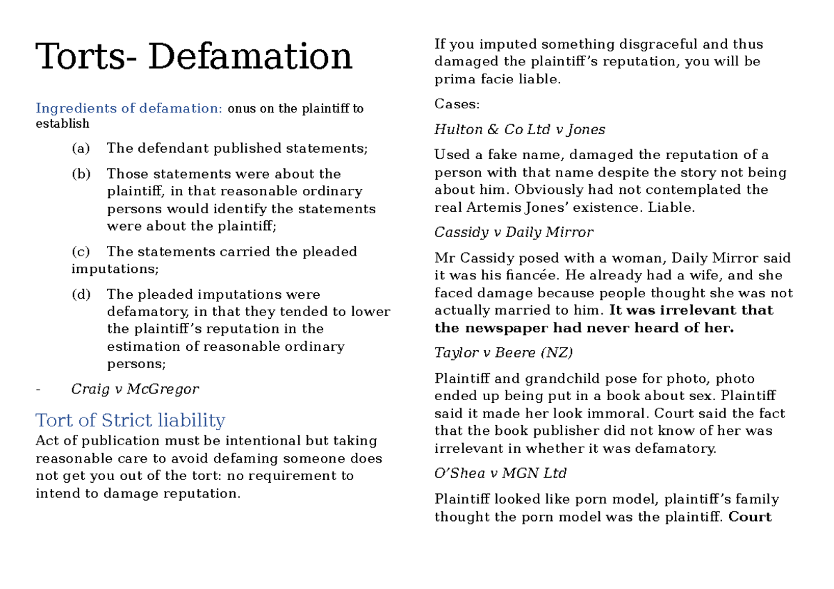 Defamation summary - Torts- Defamation Ingredients of defamation: onus ...