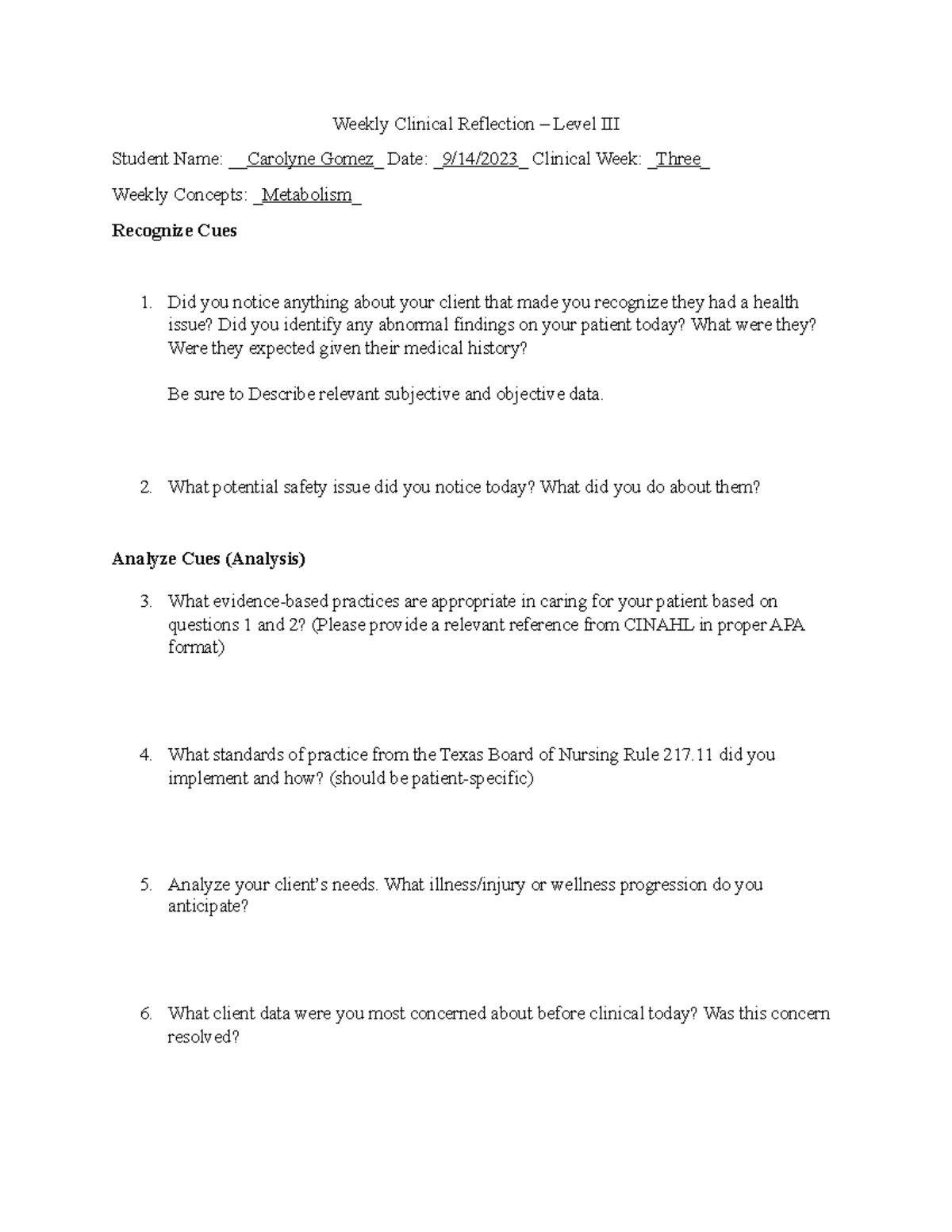 Weekly Clinical Reflection level III (Next Gen) - Weekly Clinical ...