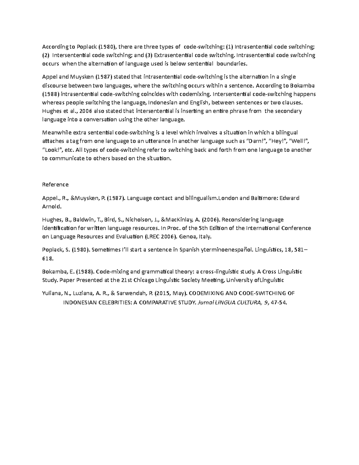 Sociolinguistics Kategori code switch - According to Poplack (1980 ...