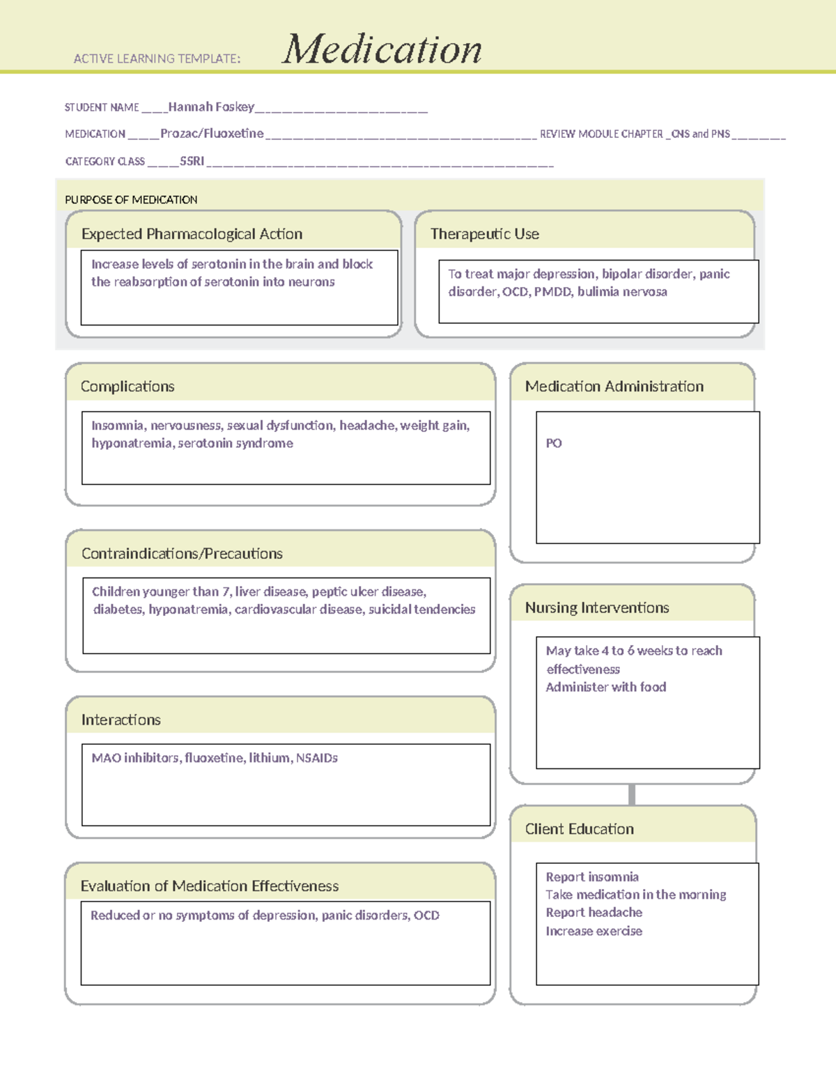 Prozac med card - med card - STUDENT NAME Hannah Foskey ...