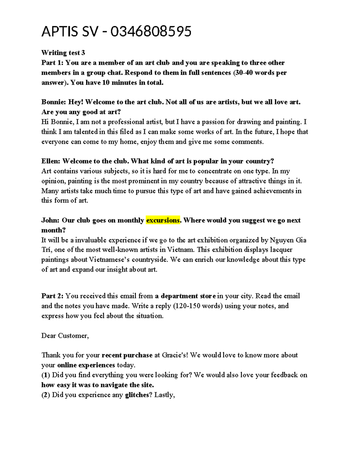 Aptis Advanced Writing 1 Yến - Writing test 3 Part 1: You are a member ...