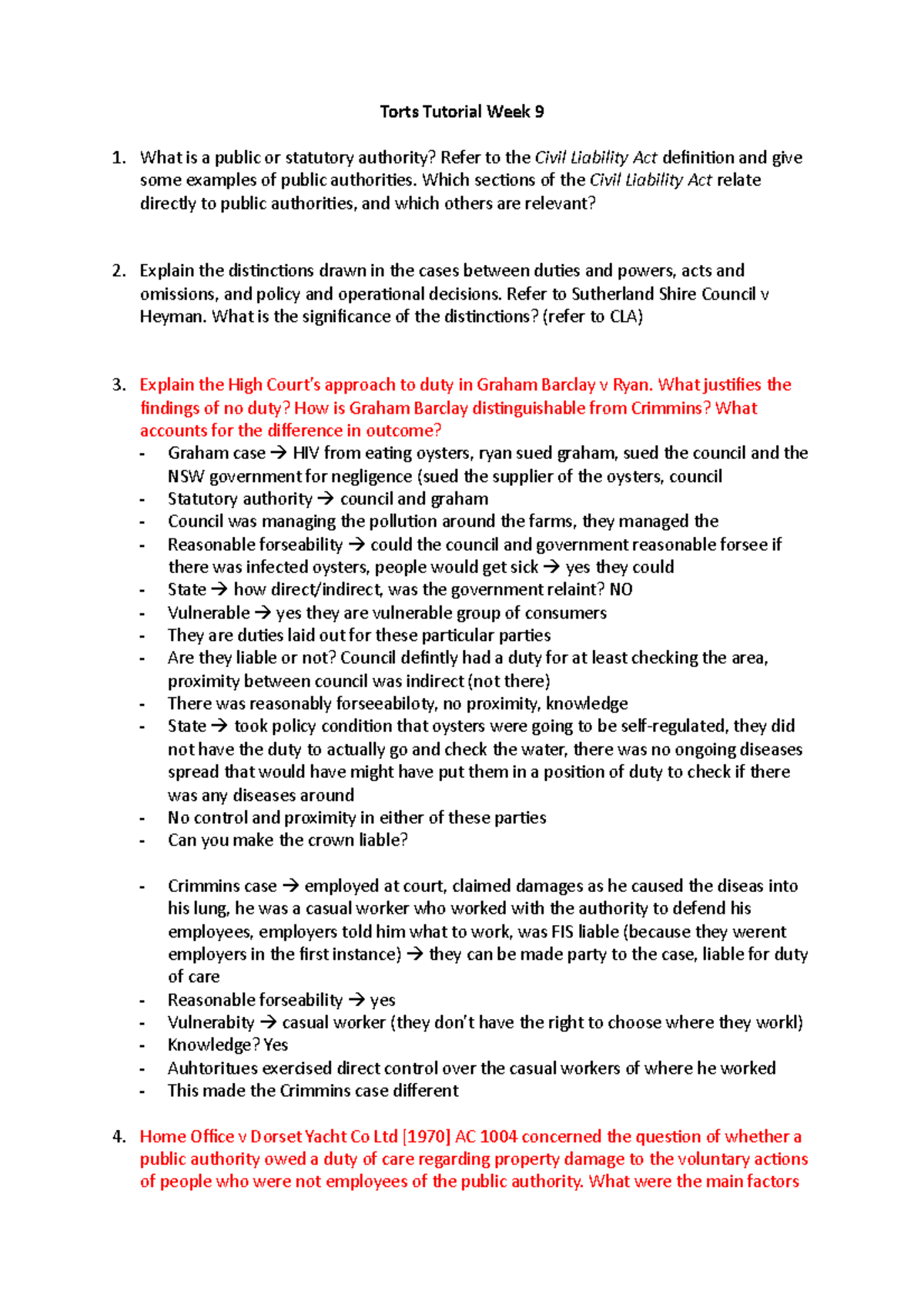 Week 9 tutorial - Torts Tutorial Week 9 What is a public or statutory authority? Refer to the ...
