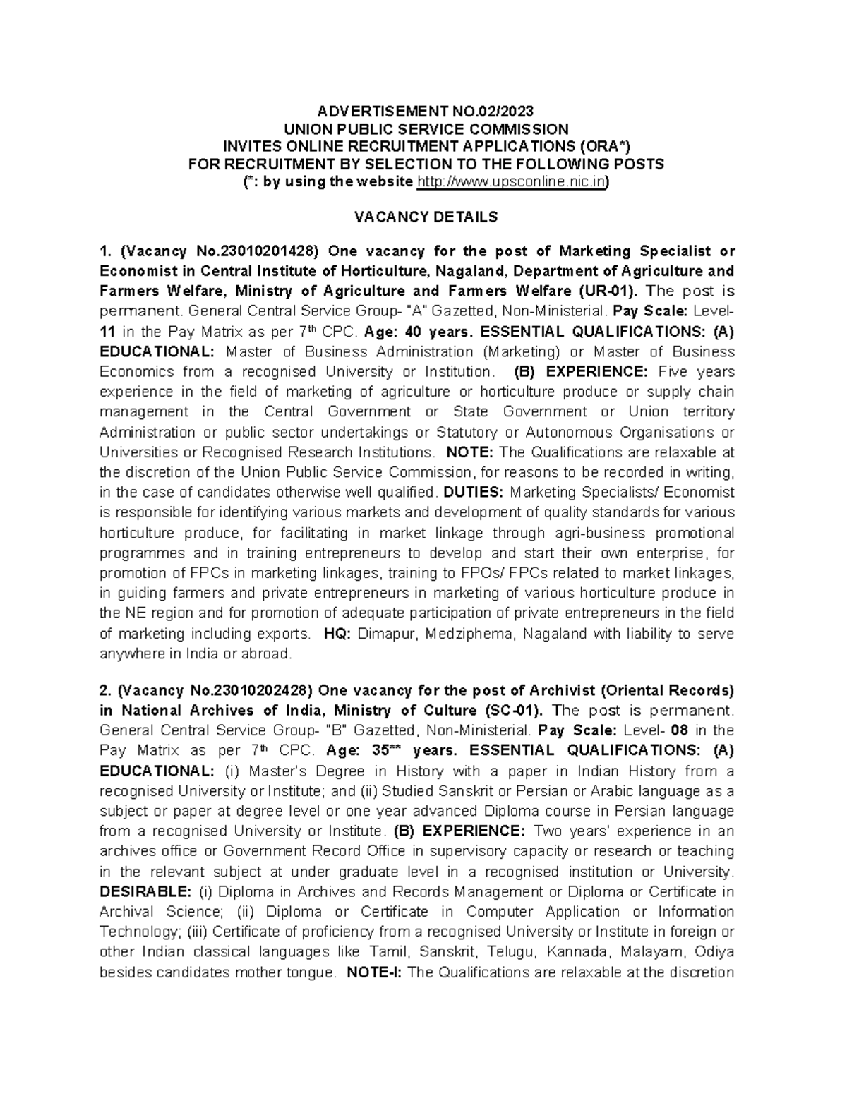 UPSC Selection Process Recruitment 2023 Notification - ADVERTISEMENT NO ...