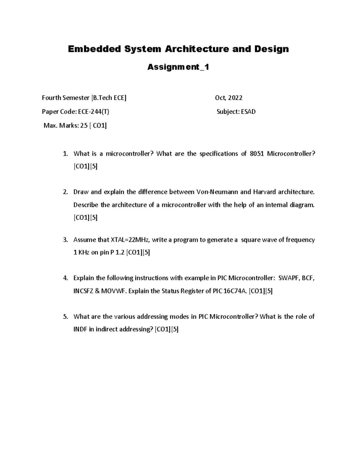Assignment 1 2024 Embedded System Architecture And Design Assignment Fourth Semester B Ece