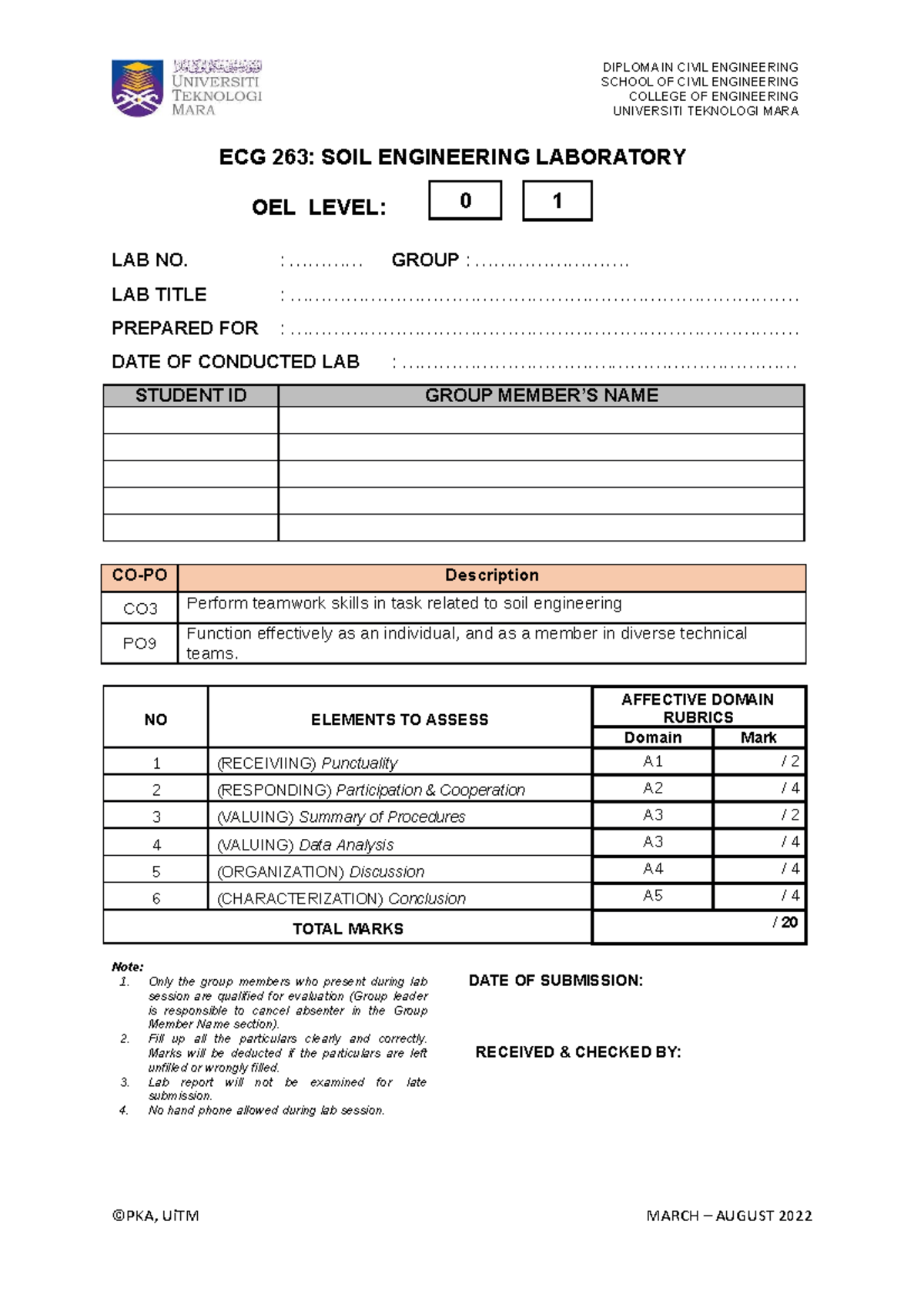 Front PAGE LAB Report ECG263 - SCHOOL OF CIVIL ENGINEERINGDIPLOMA IN ...